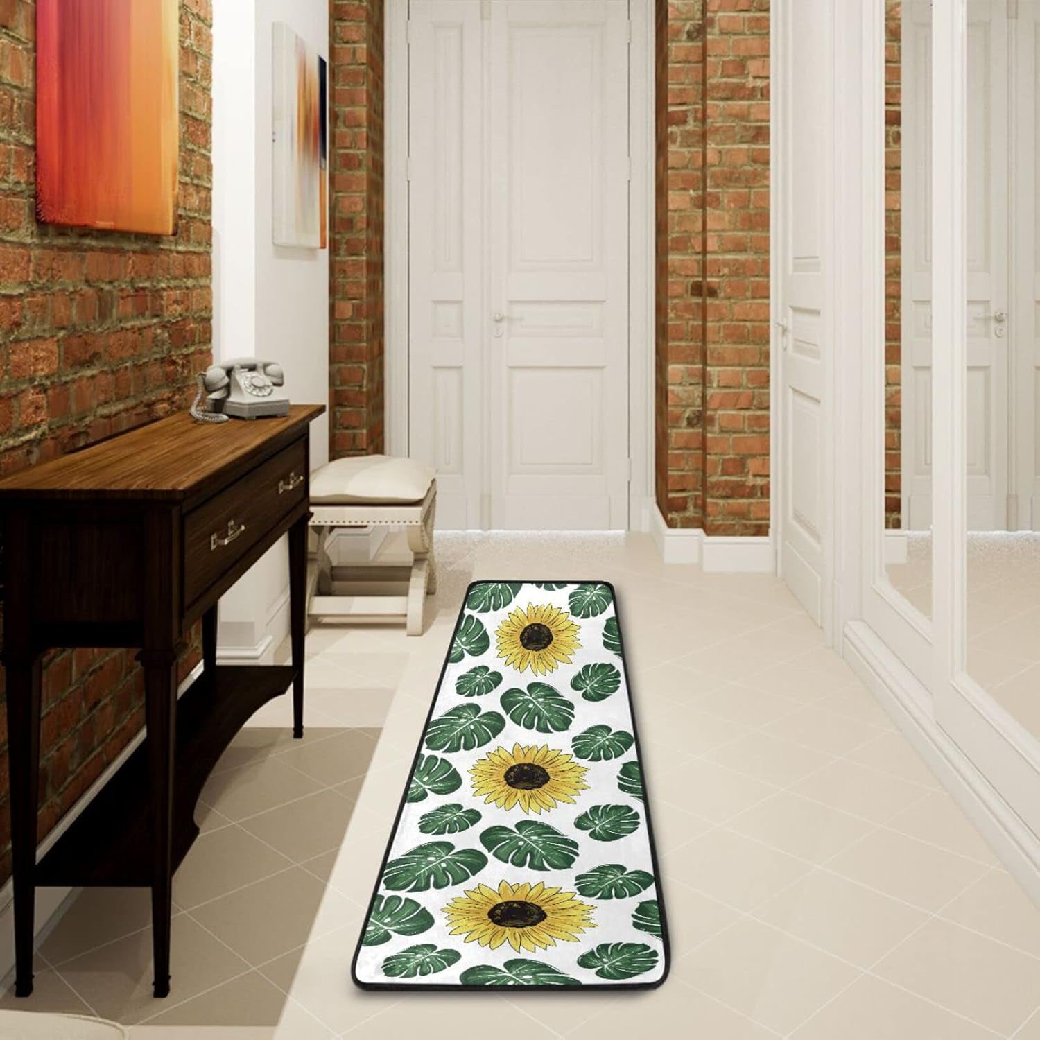 SKYSONIC 2X6 Feet Watertcolor Sunflower Leaf Runner Rug with Rubber ...