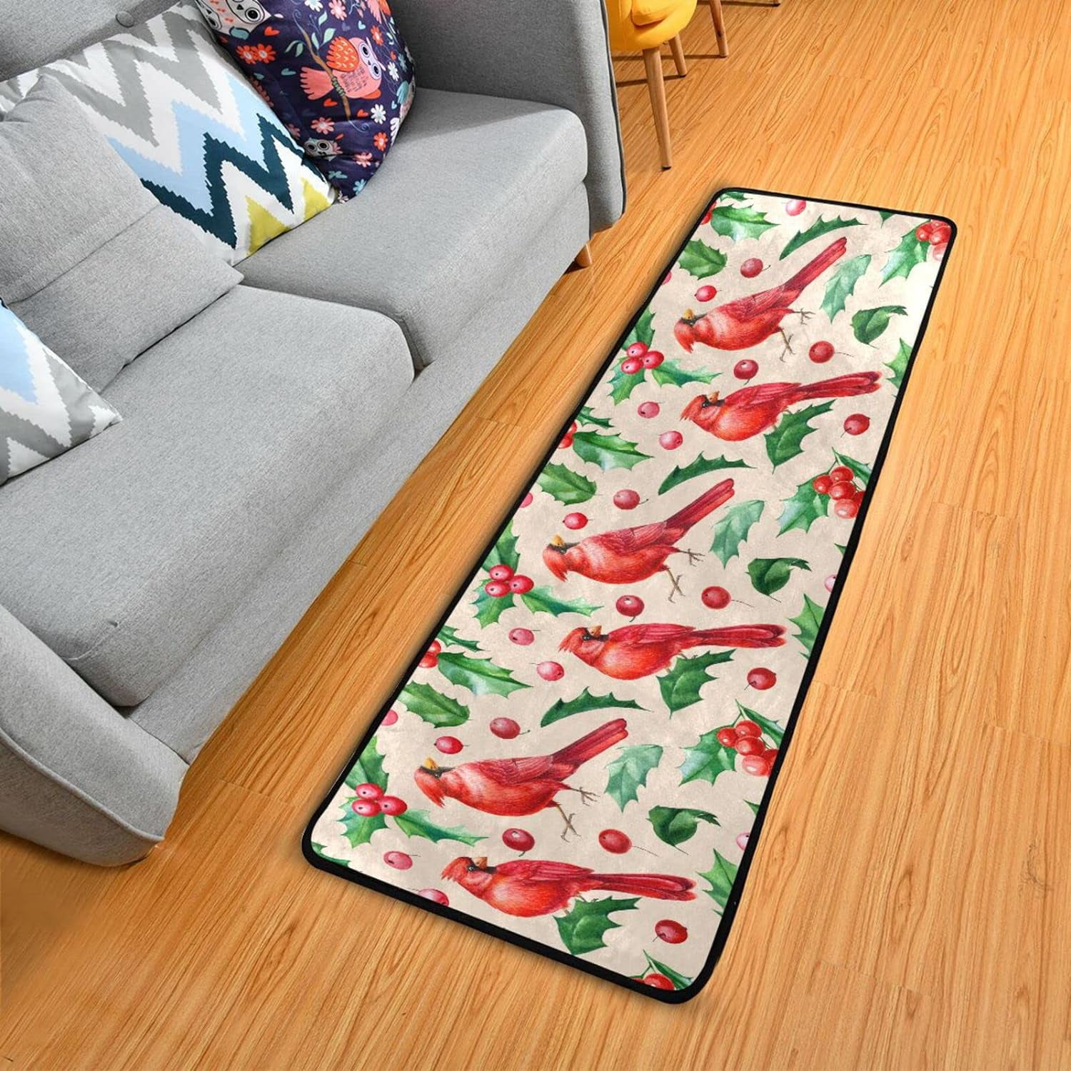 SKYSONIC 2X6 Feet Winter Red Birds Berry Runner Rug with Rubber Backing ...