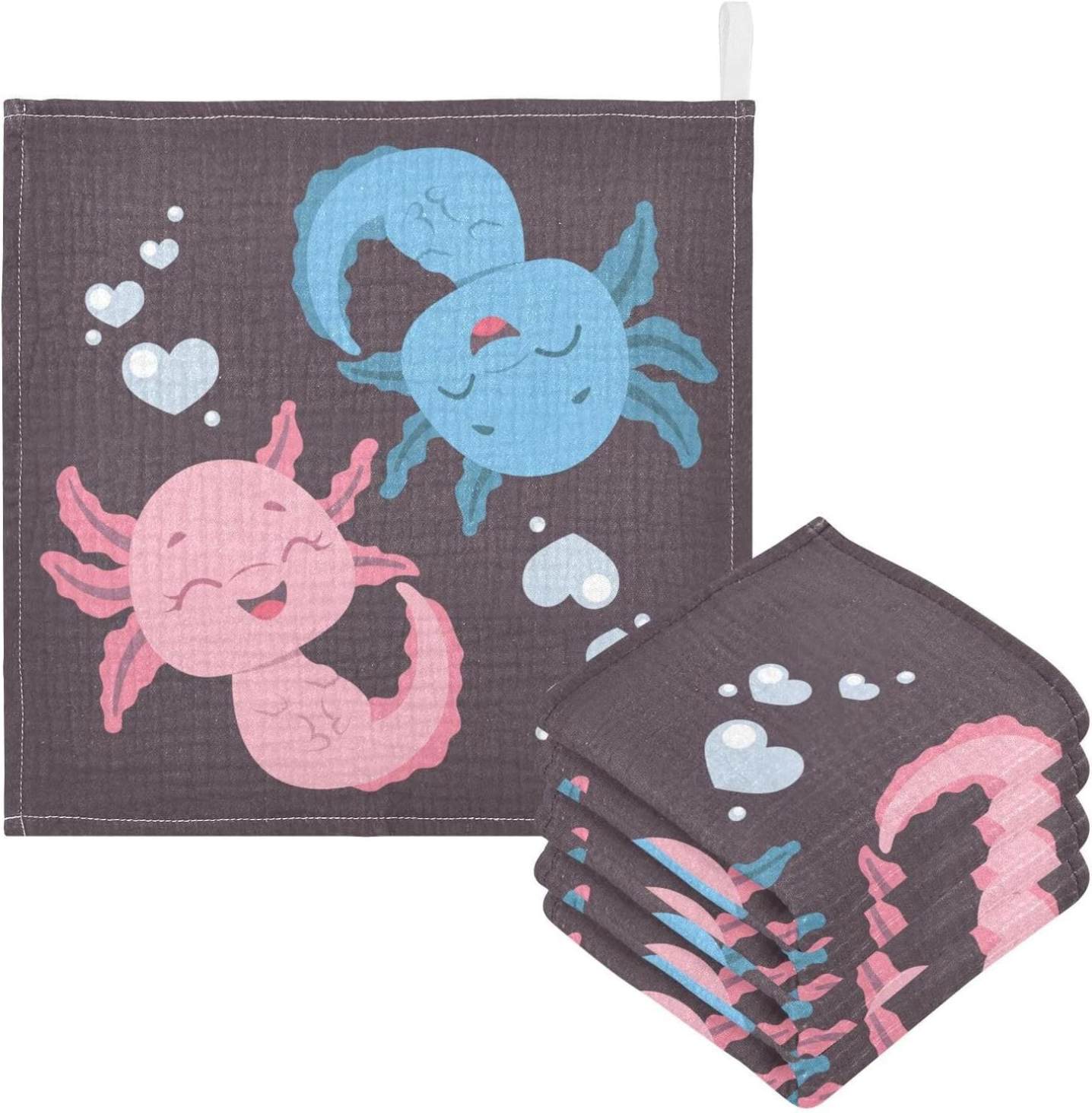 SKYSONIC 3 PCS Cute Axolotl Couple Baby Muslin Washcloths, Red and Blue ...