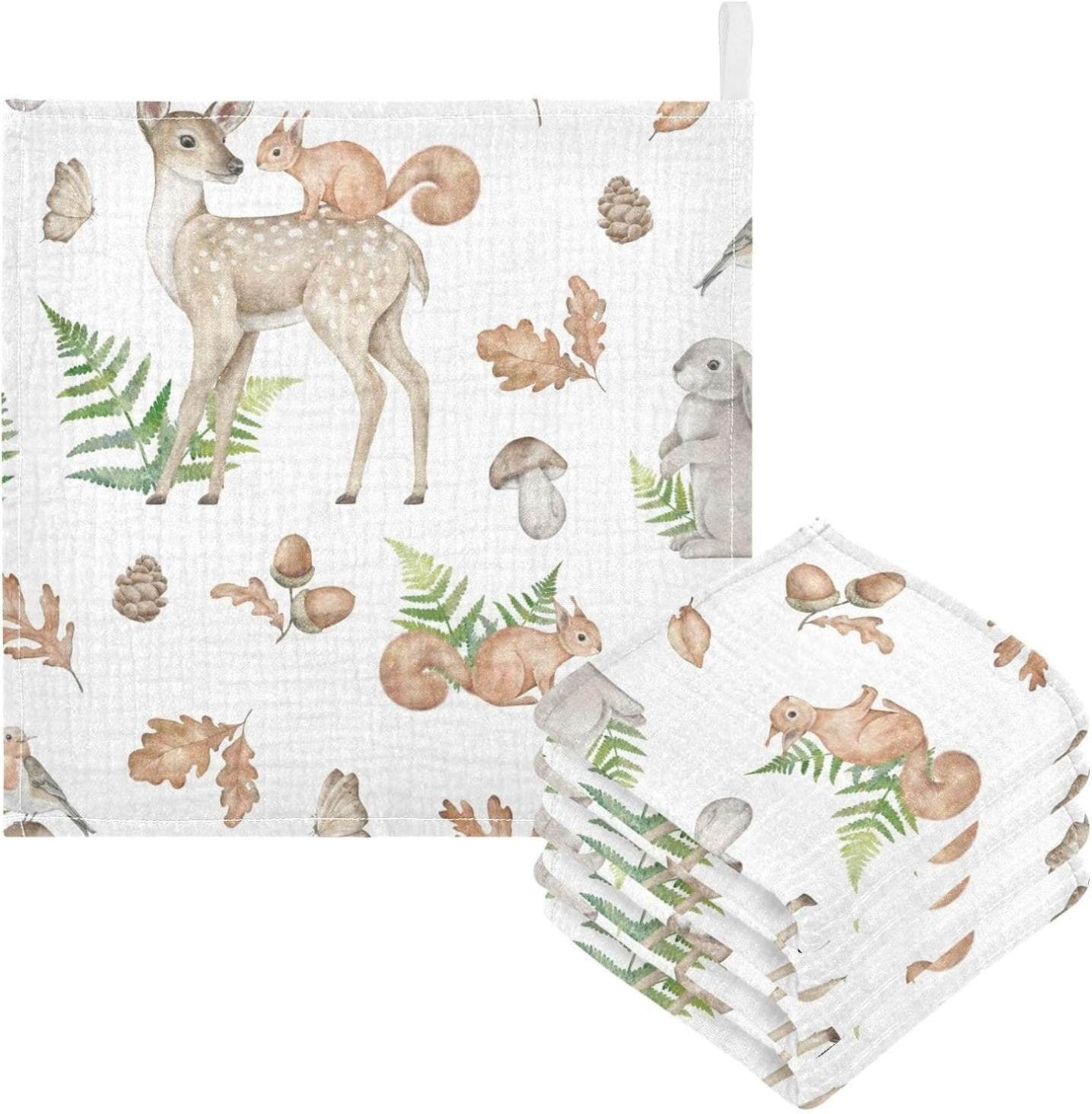 SKYSONIC 3 PCS Cute Deer Rabbit Squirrel Baby Muslin Washcloths, Forest ...