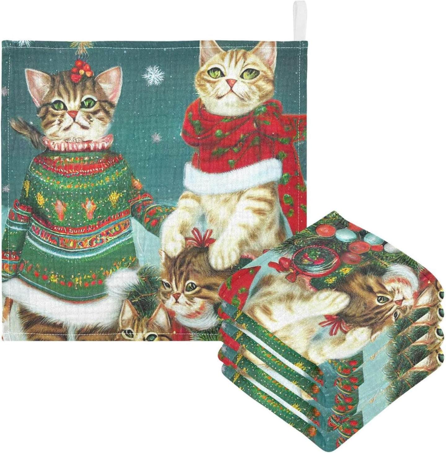 SKYSONIC 3 PCS Vintage Cats Christmas Baby Muslin Washcloths, Snowflake ...