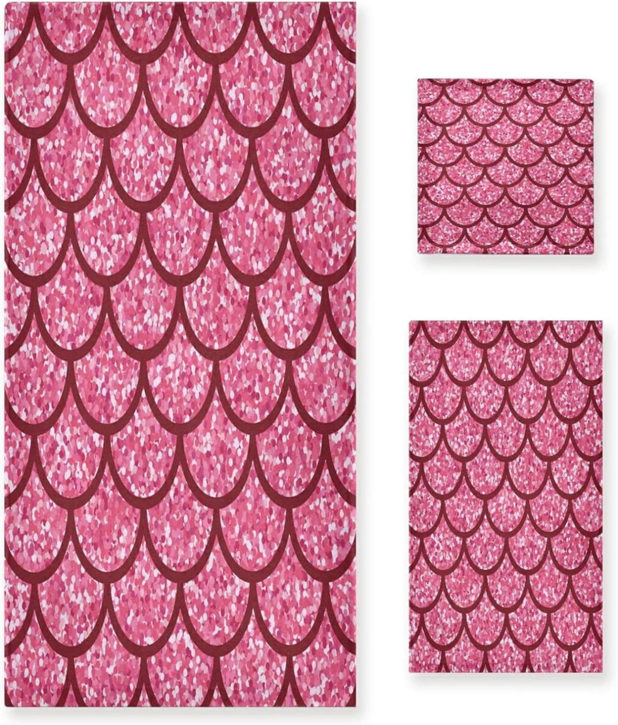 SKYSONIC 3 Pack Towel Beautiful Mermaid Sparkle Pink Fish Scales Cotton Bath Towel Set (1 Bath ...