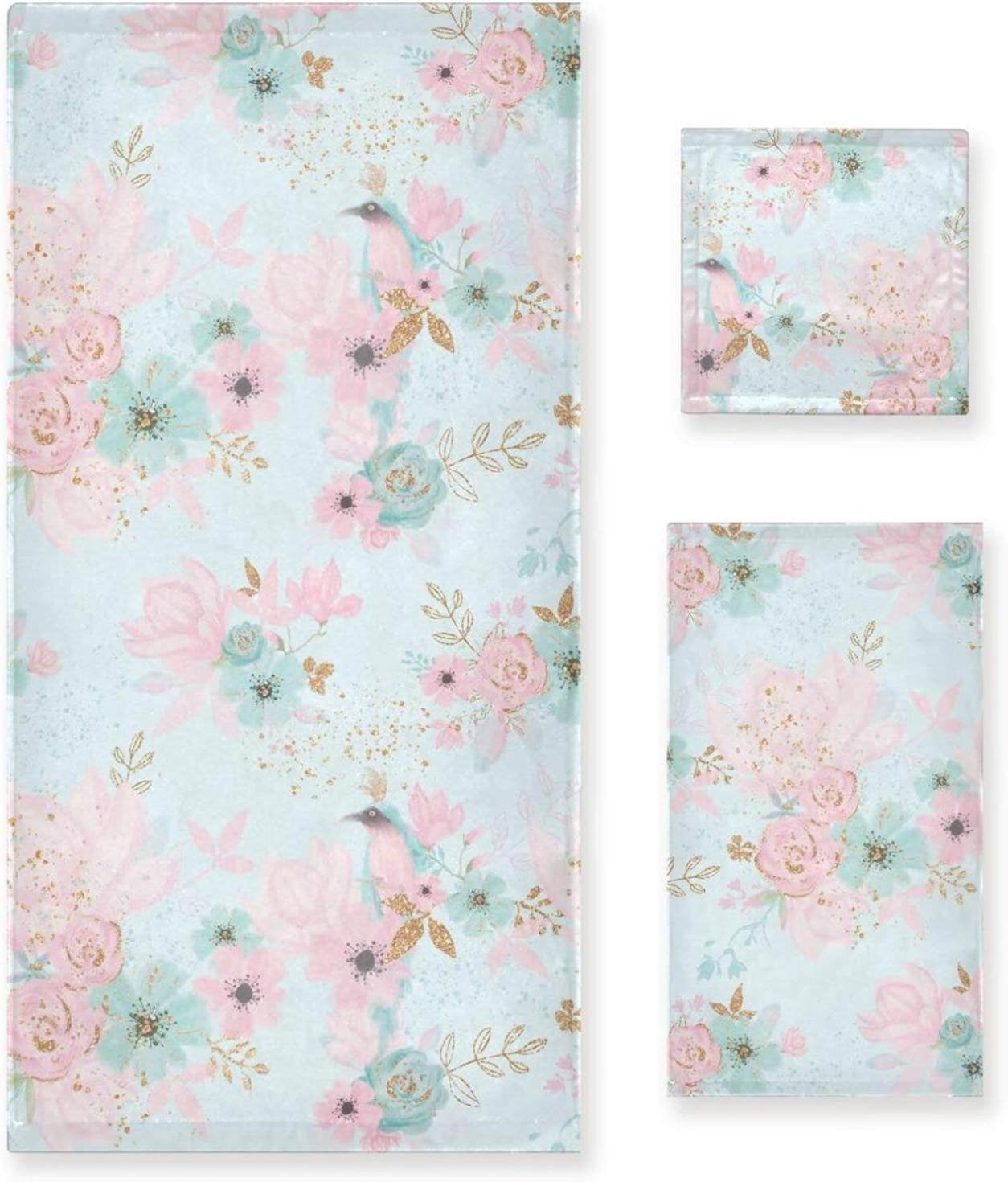 SKYSONIC 3 Pack Towel Blue Dreamy Birds & Flowers Cotton Bath Towel Set ...