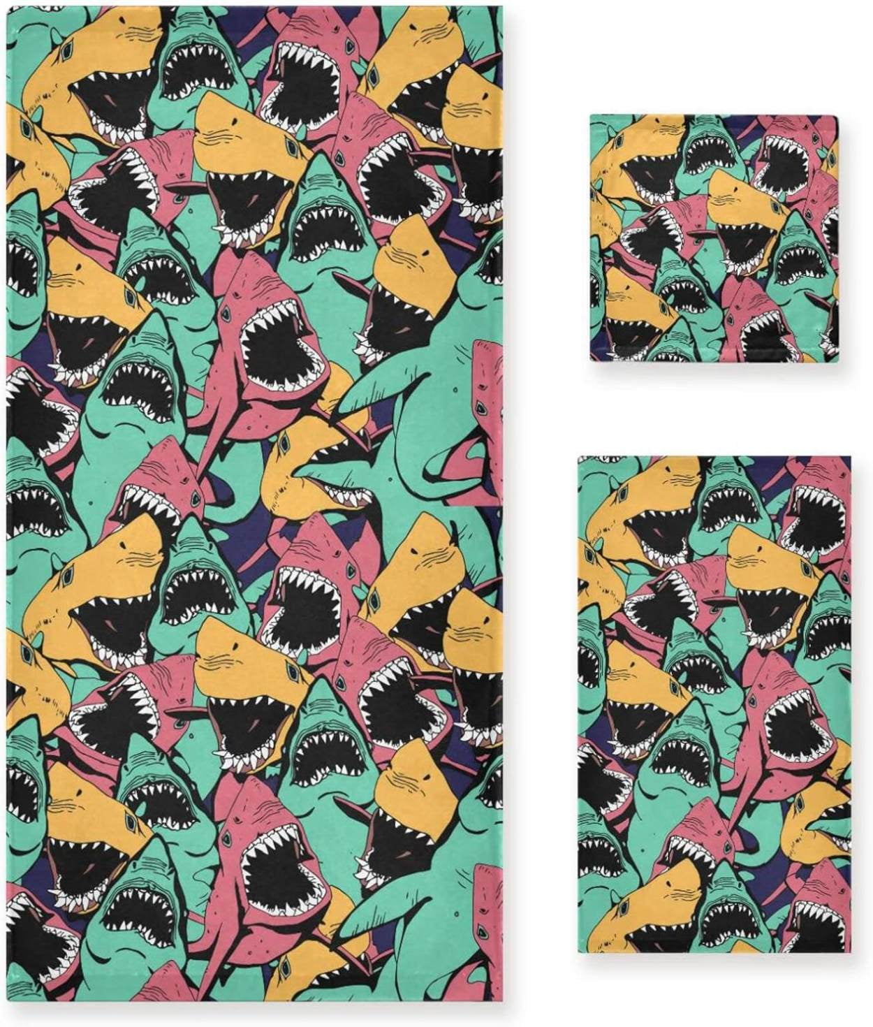 SKYSONIC 3 Pack Towel Colorful Angry Shark Cotton Bath Towel Set (1 ...