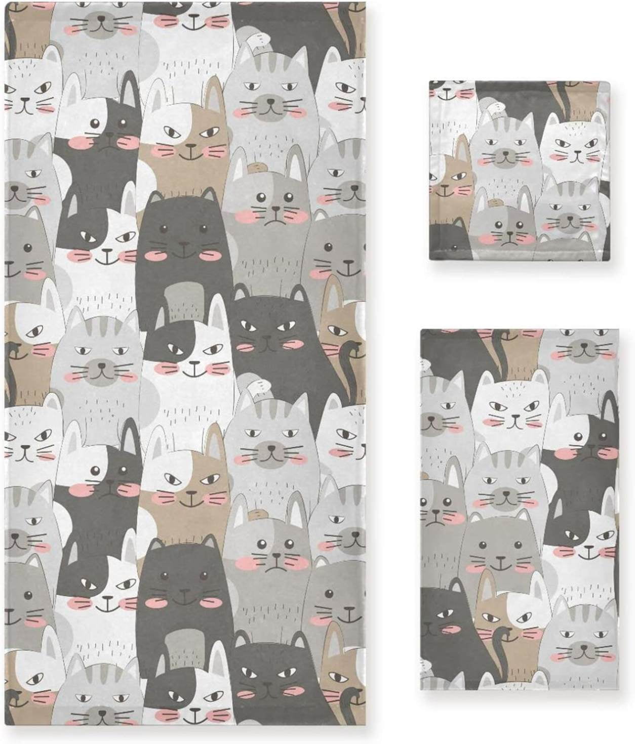 SKYSONIC 3 Pack Towel Cute Multi-Species Cats Cotton Bath Towel Set (1 ...