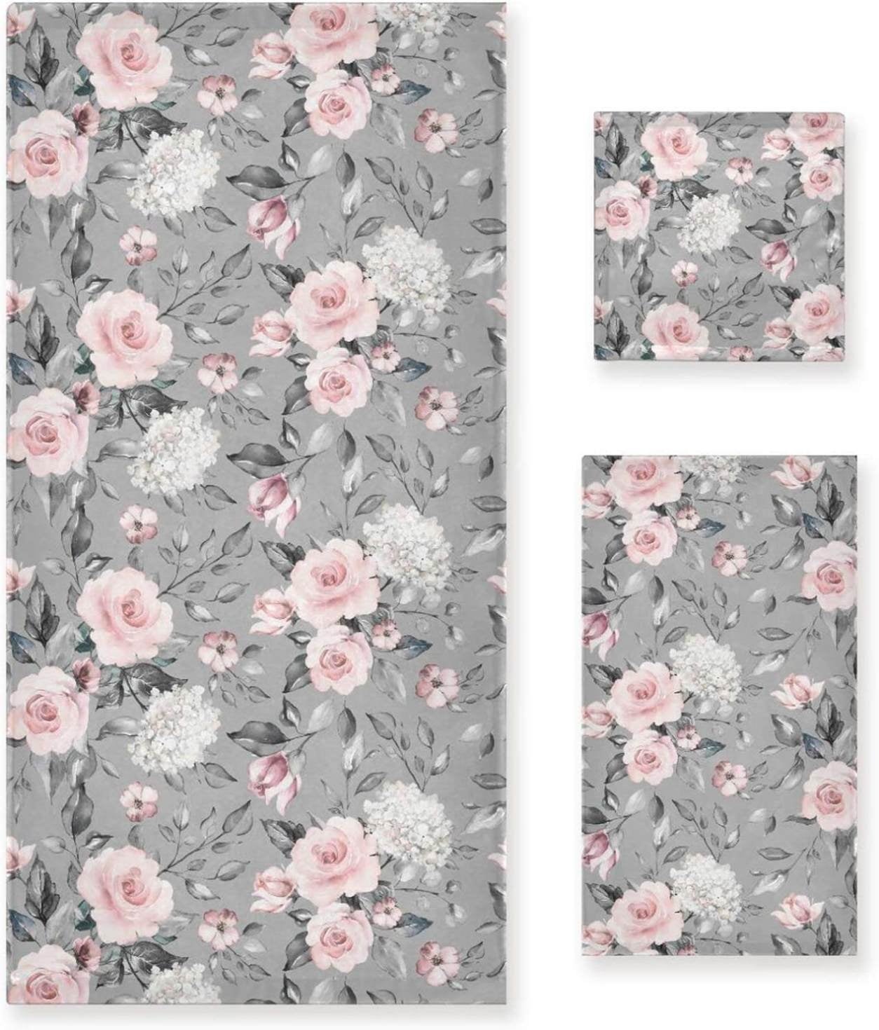 SKYSONIC 3 Pack Towel Elegant Pink Roses Cotton Bath Towel Set (1 Bath ...