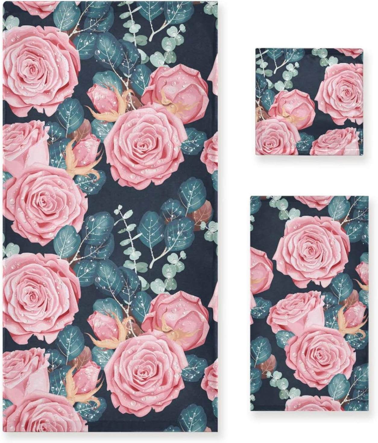 SKYSONIC 3 Pack Towel Elegant Pink Roses Cotton Bath Towel Set (1 Bath ...