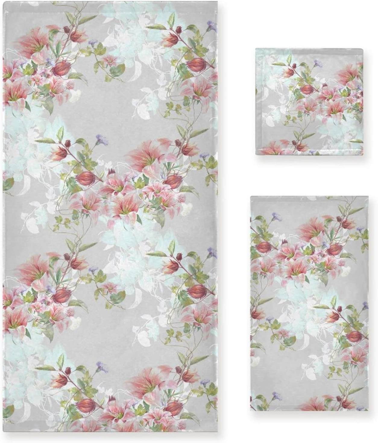 SKYSONIC 3 Pack Towel Elegant Watercolor Flowers & Leaves Cotton Bath ...