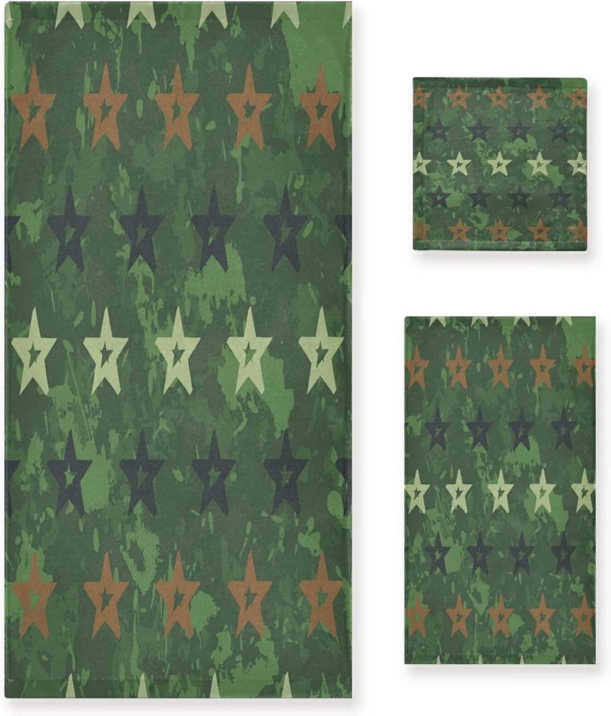 SKYSONIC 3 Pack Towel Fashion Green Camouflage Stars Cotton Bath Towel Set (1 Bath Towel, 1 Hand ...