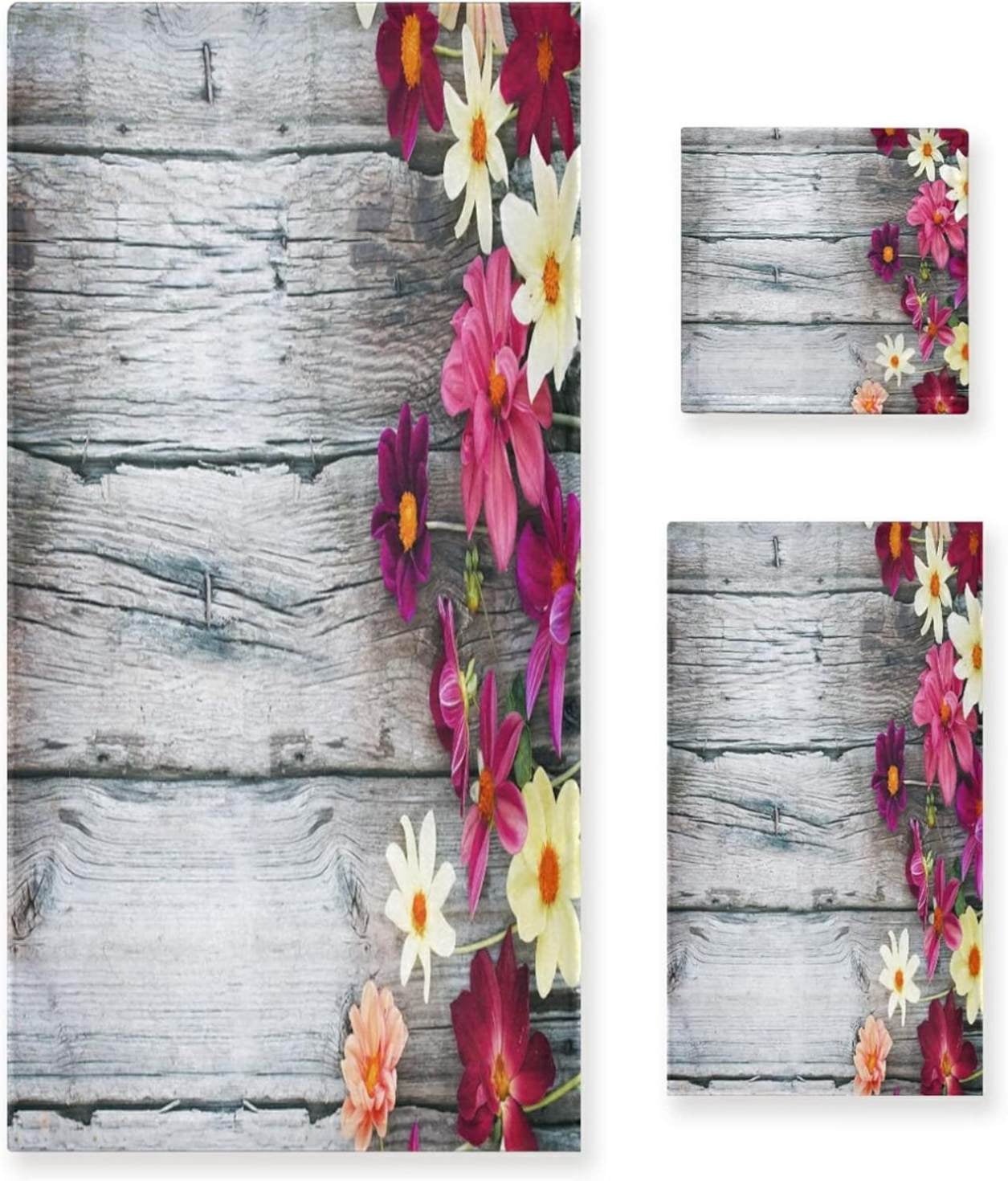 SKYSONIC 3 Pack Towel Flower on Vintage Wood Background Cotton Bath ...