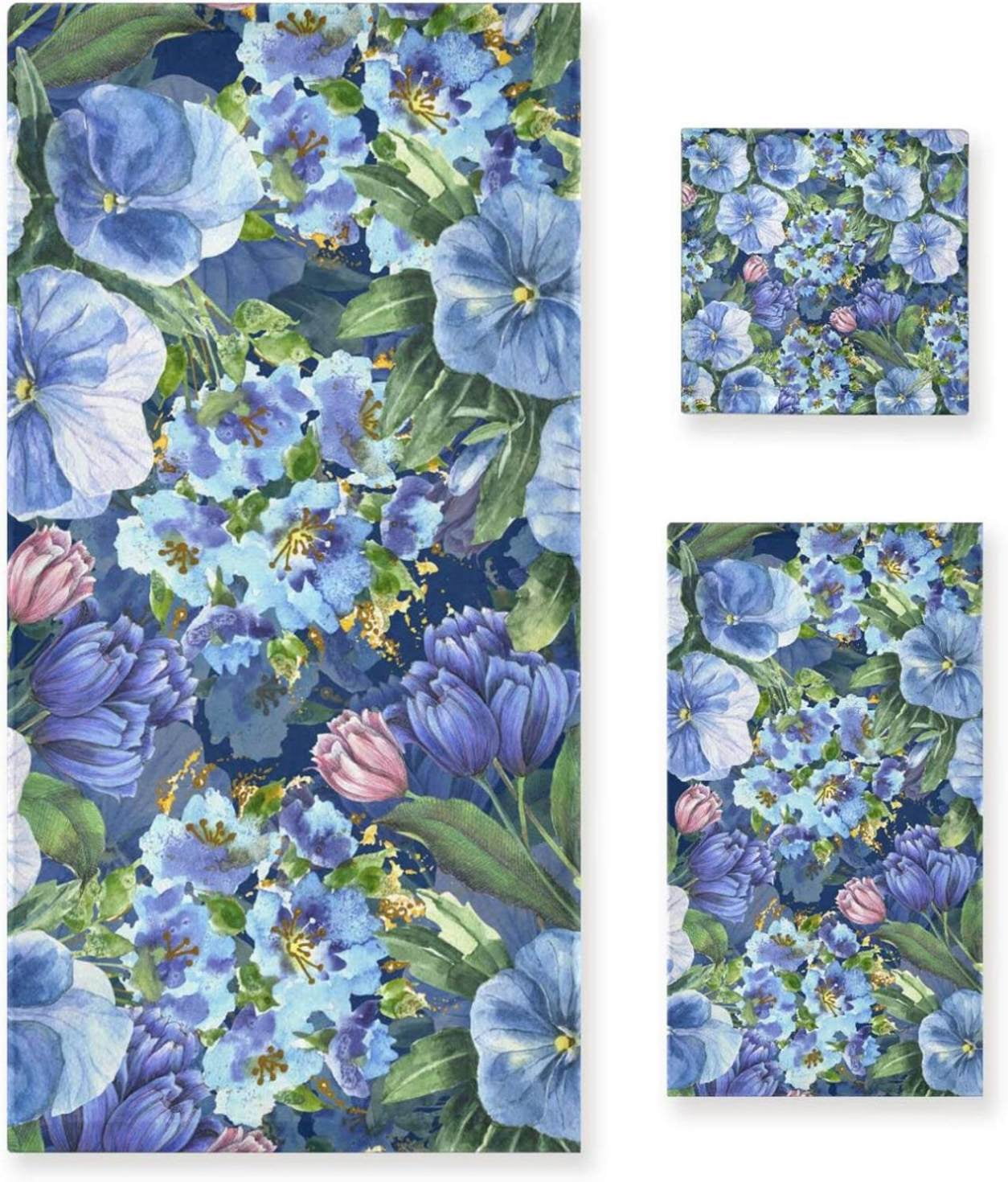 SKYSONIC 3 Pack Towel Garden Blue Flowers Cotton Bath Towel Set (1 Bath ...