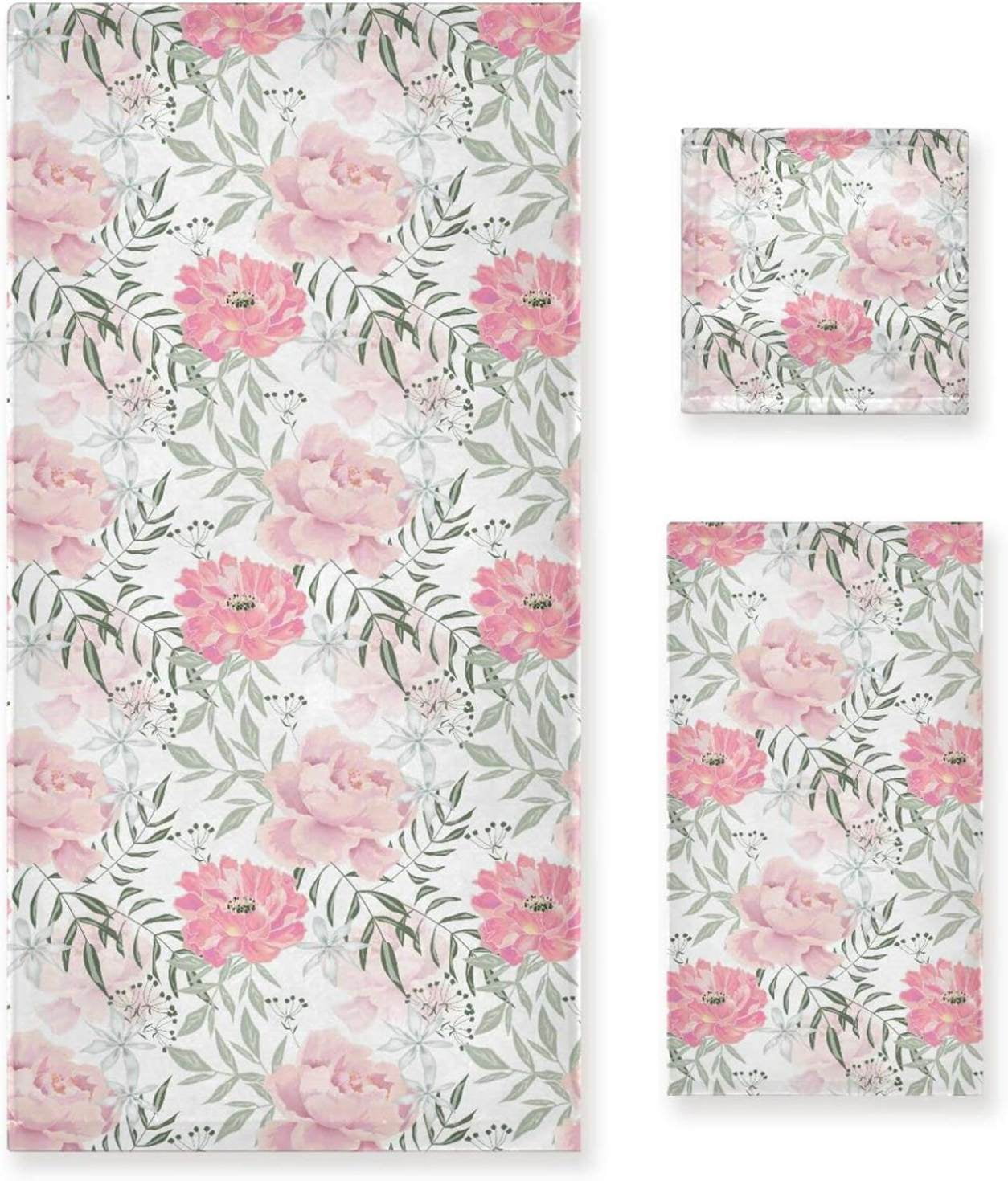 SKYSONIC 3 Pack Towel Pink Peonies Cotton Bath Towel Set (1 Bath Towel ...