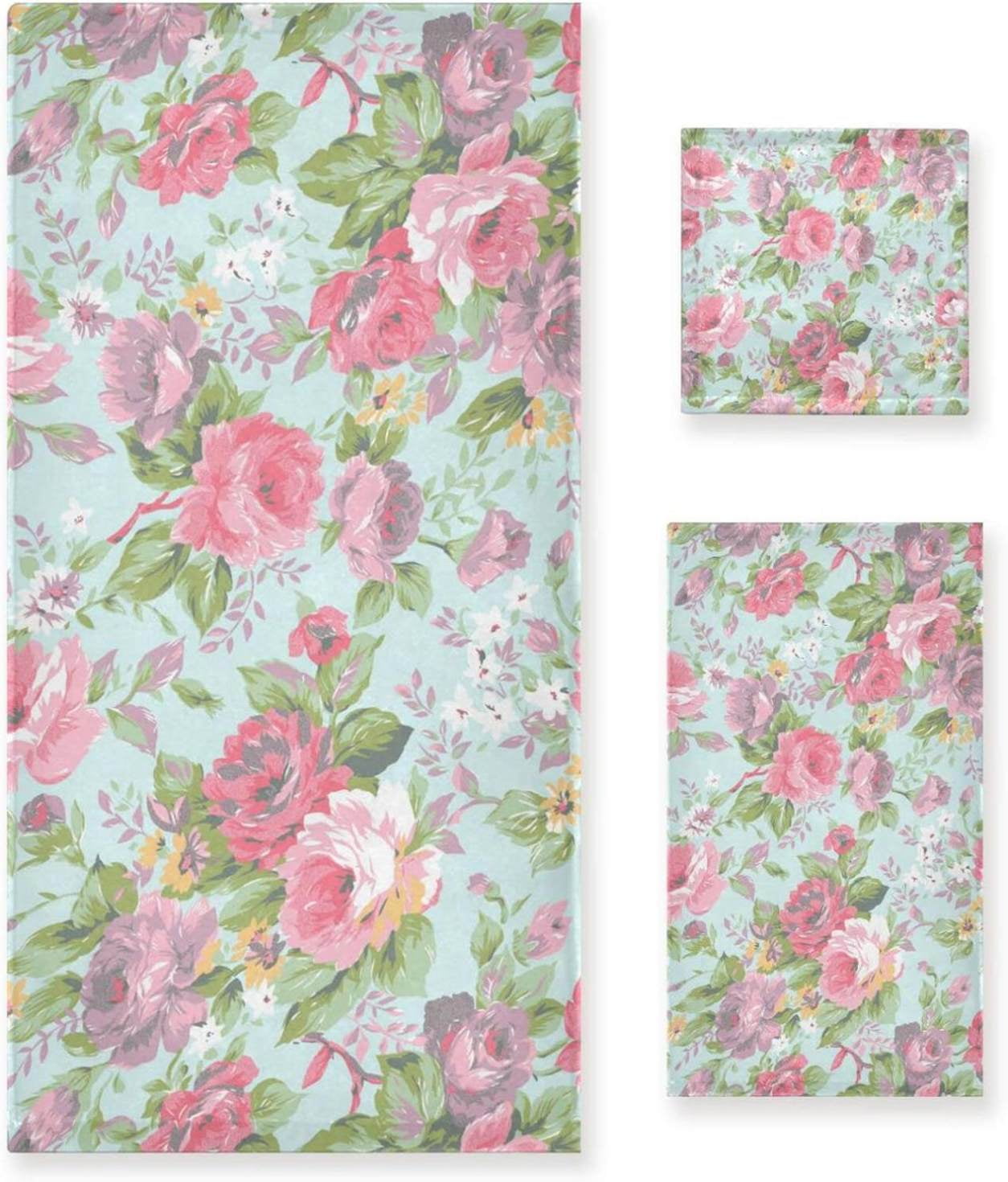 SKYSONIC 3 Pack Towel Pink Roses Cotton Bath Towel Set (1 Bath Towel, 1 ...