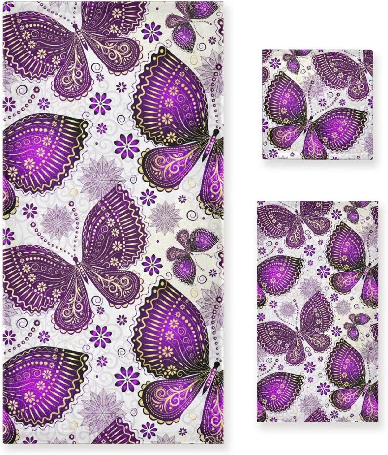 SKYSONIC 3 Pack Towel Pretty Purple Butterfly Cotton Bath Towel Set (1 ...