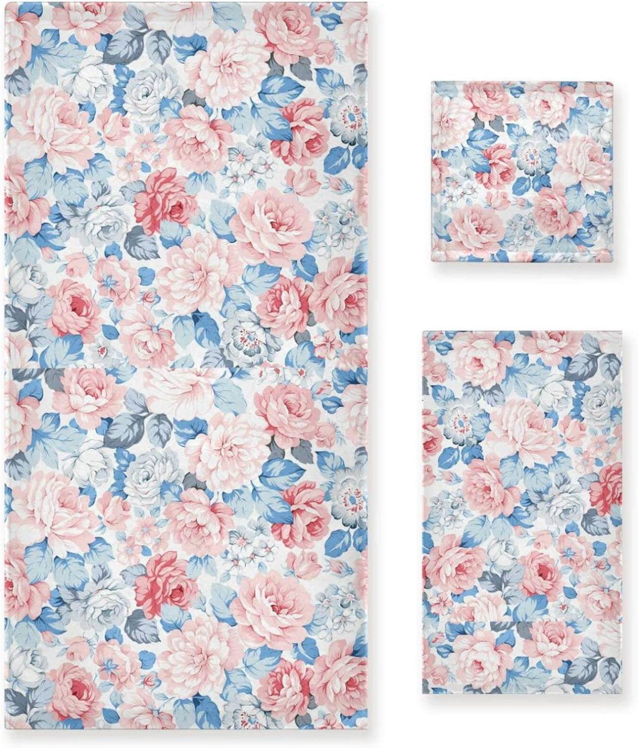 SKYSONIC 3 Pack Towel Roses & Blue Leaves Cotton Bath Towel Set (1 Bath ...