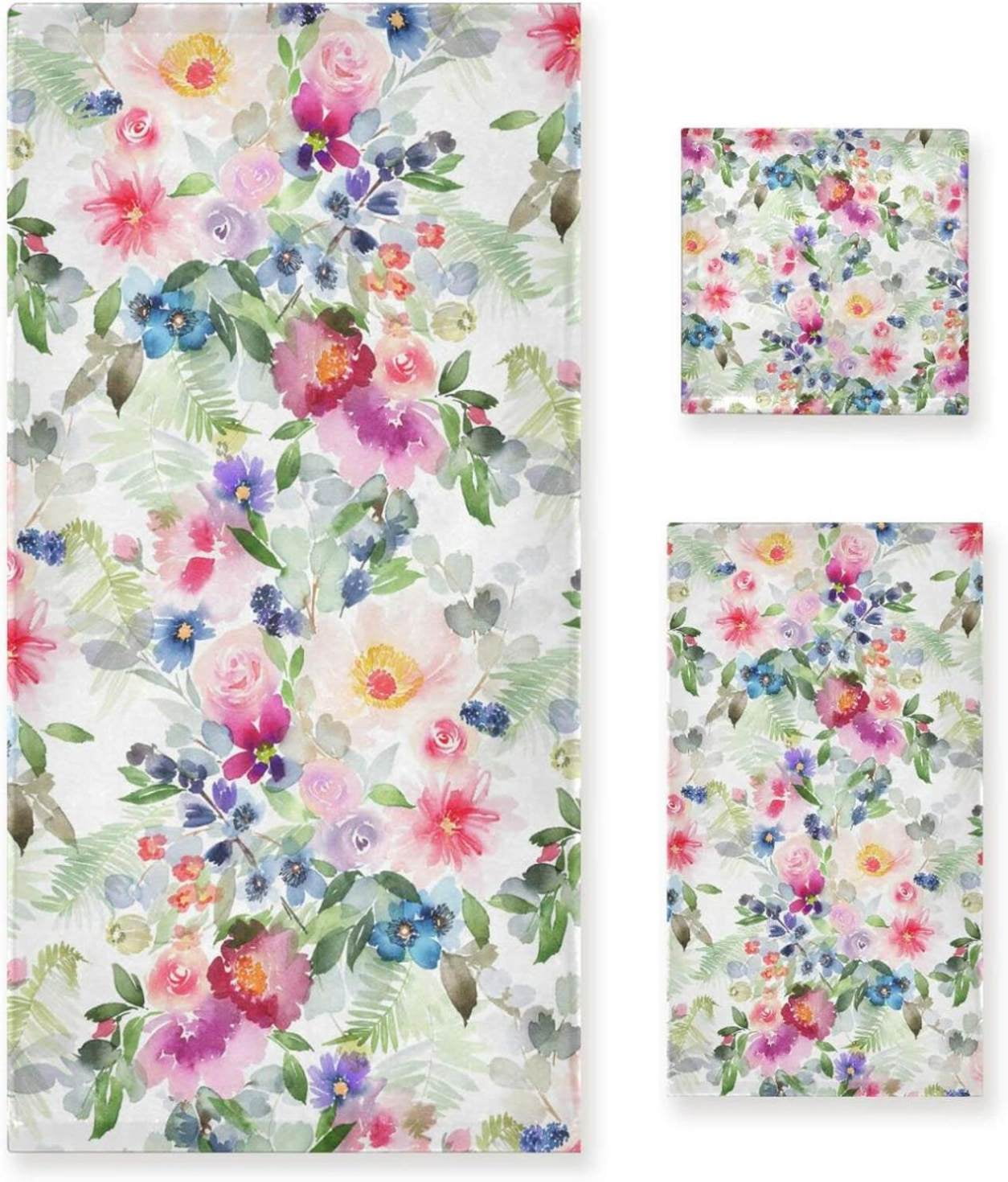 SKYSONIC 3 Pack Towel Summer Watercolour Flowers Cotton Bath Towel Set ...