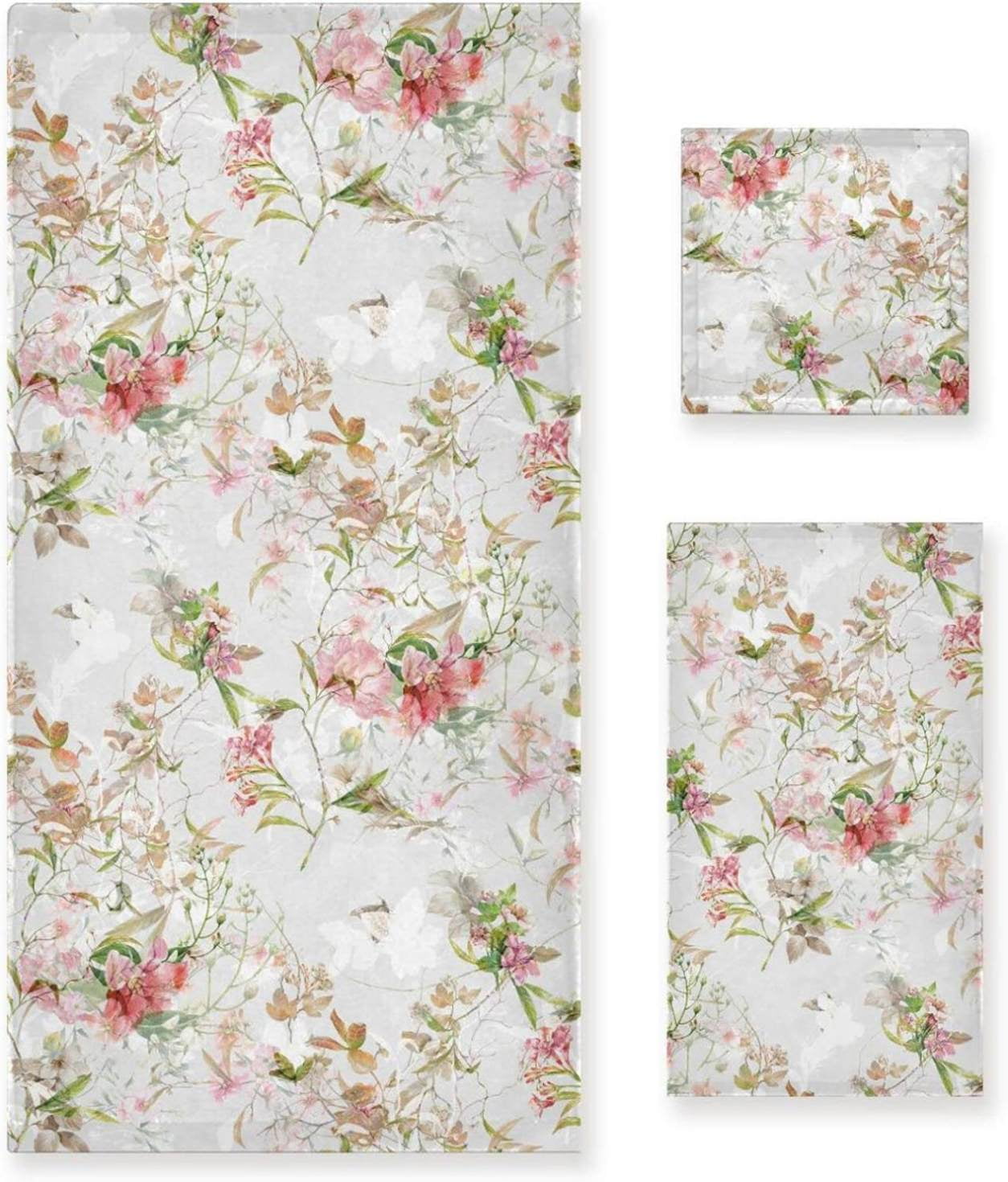 SKYSONIC 3 Pack Towel Watercolor Flowers & Leaves Cotton Bath Towel Set ...