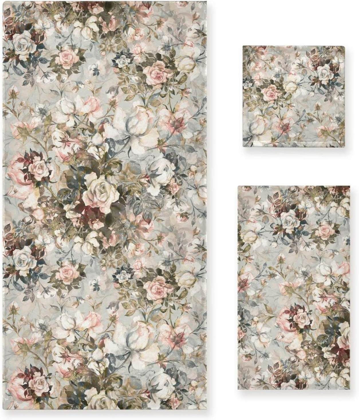 SKYSONIC 3 Pack Towel Watercolor Rose Bouquet Pattern Cotton Bath Towel ...