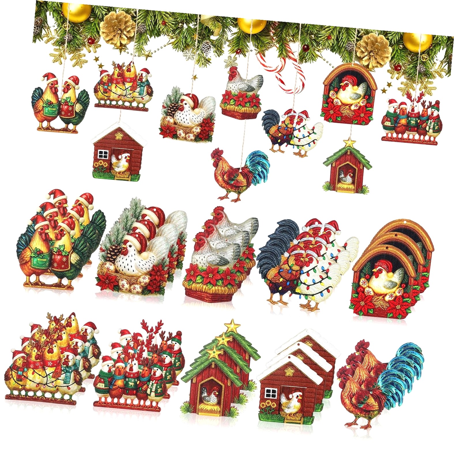 SKYSONIC 30 Pcs Christmas Chicken Wooden Ornaments Set Funny Christmas ...