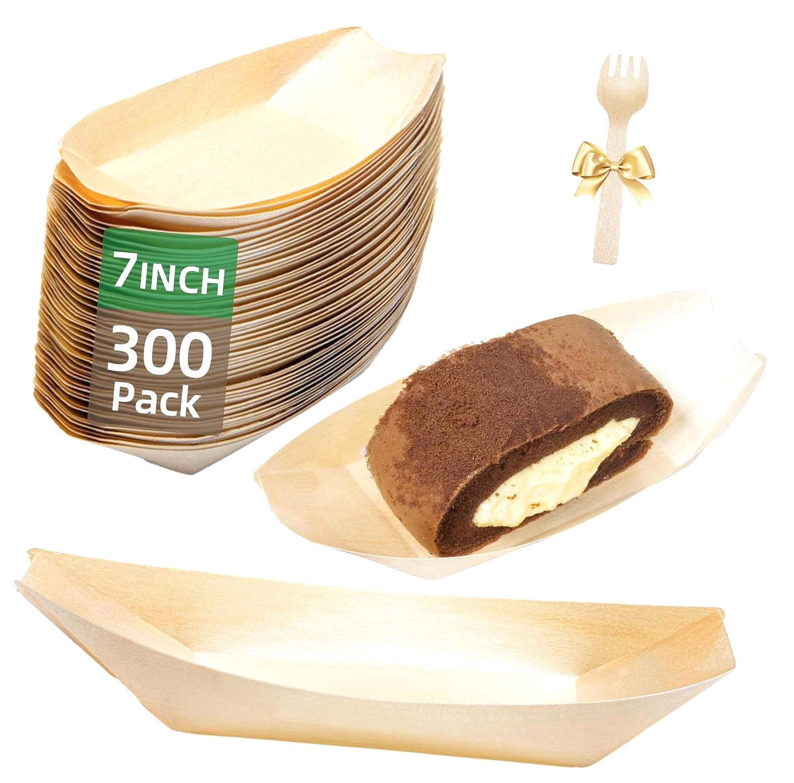 SKYSONIC 300-Pack Wooden Boat Plates 7 IN - Brown, Solid, Unique Style ...