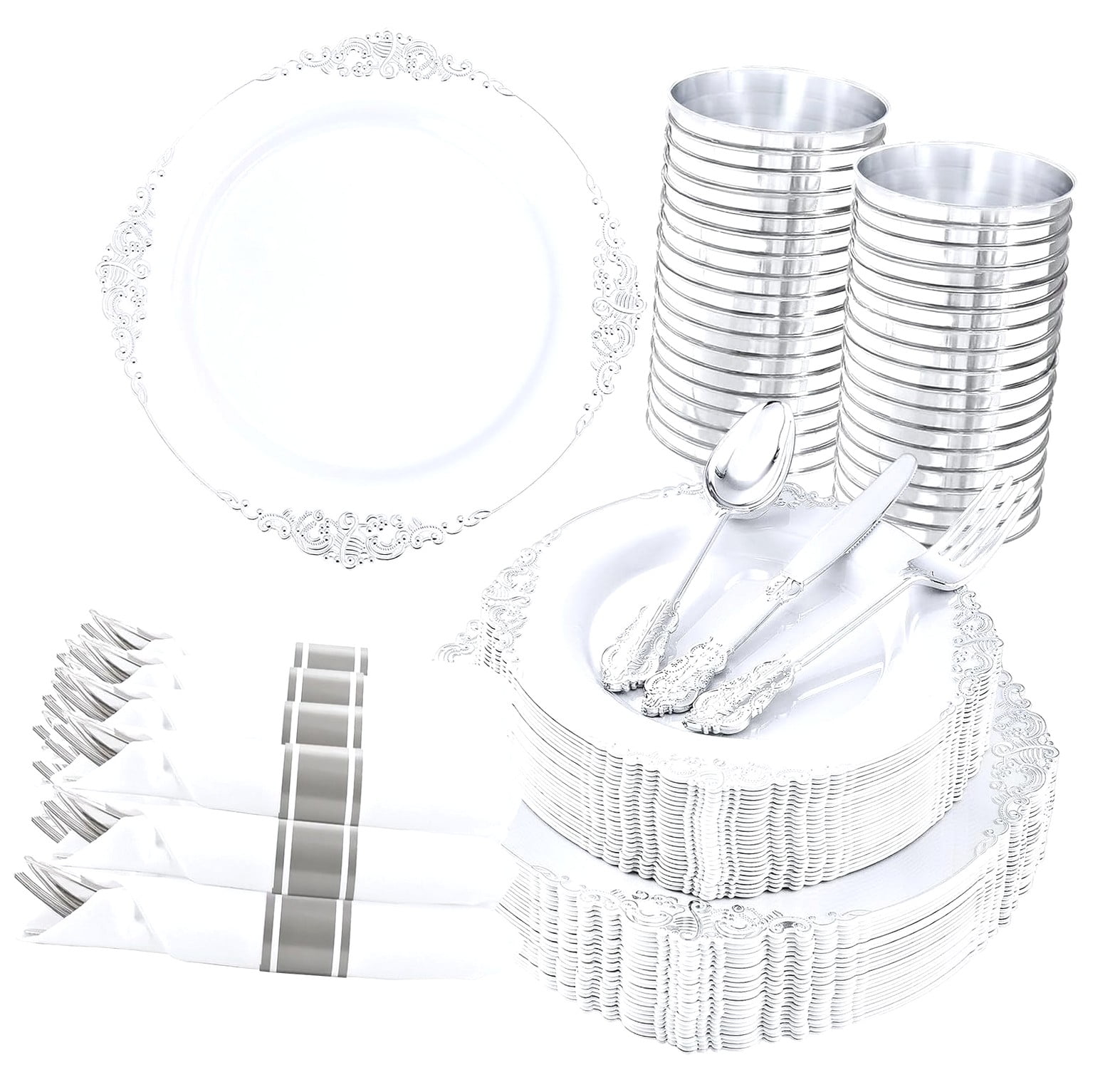 SKYSONIC 350PCS Silver Plastic Plates Silver Plastic Dinnerware Sets ...