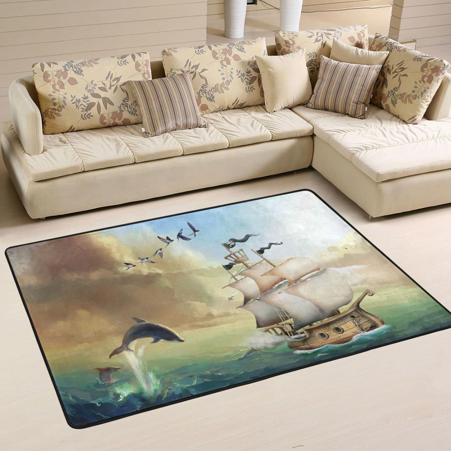 SKYSONIC 36x24in 3D Sea Dolphins Area Rug, Ocean Ship Sunset Non-Slip ...
