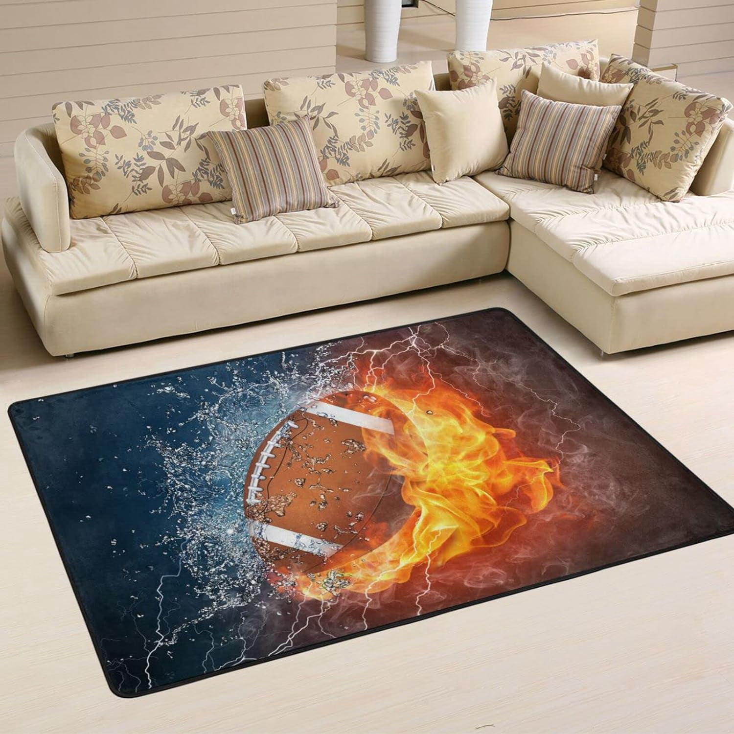SKYSONIC 36x24in American Football Ball Area Rug, Fire and Water Floor ...