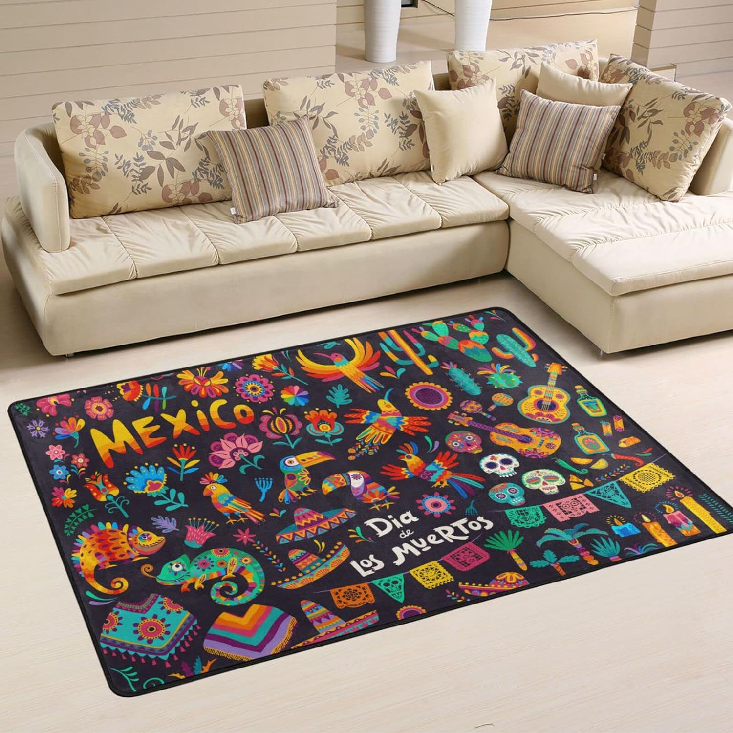 SKYSONIC 36x24in Cartoon Mexican Theme Area Rug, Dia De Muertos Non ...