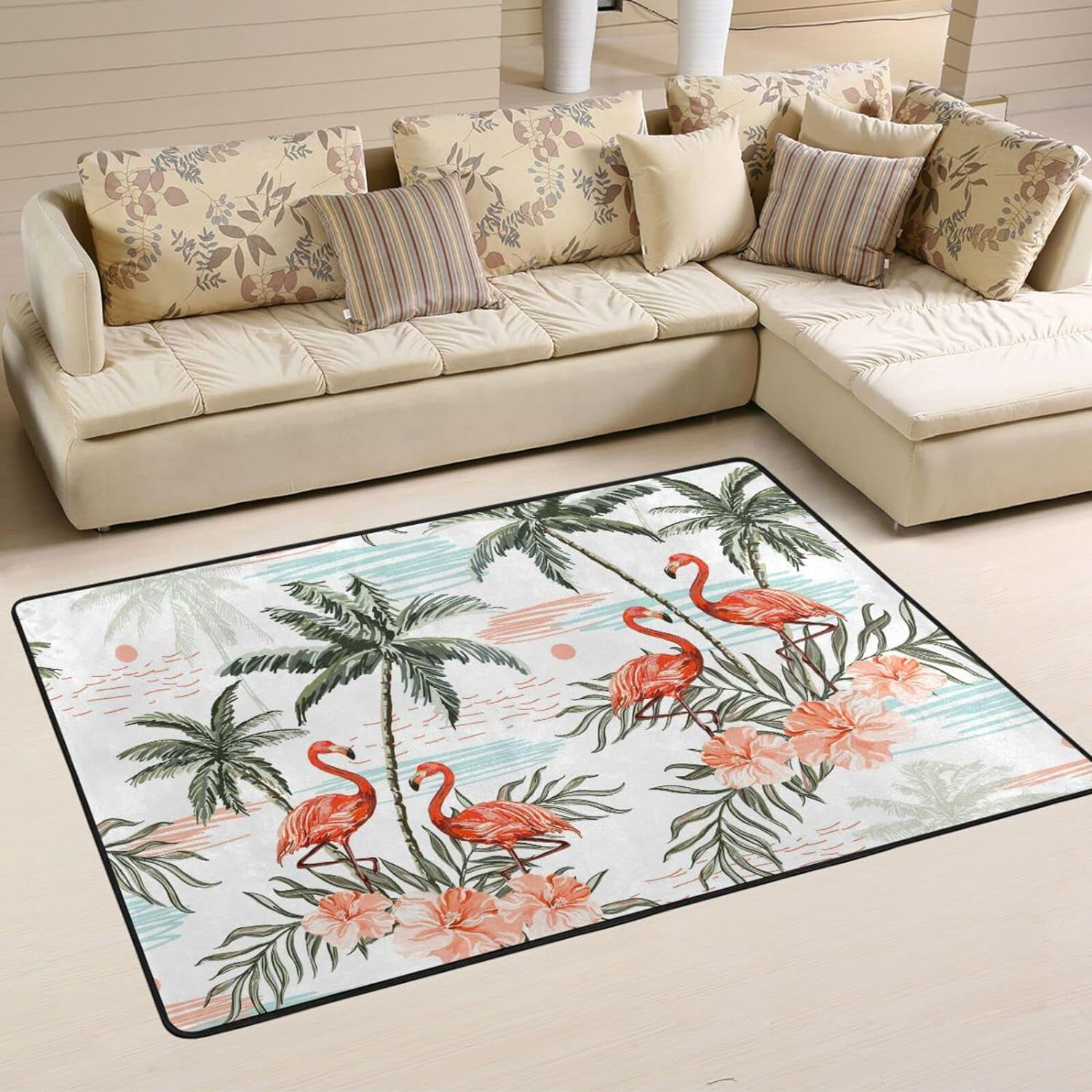 SKYSONIC 36x24in Coconut Palm Trees Area Rug, Pink Flamingo Non-Slip ...