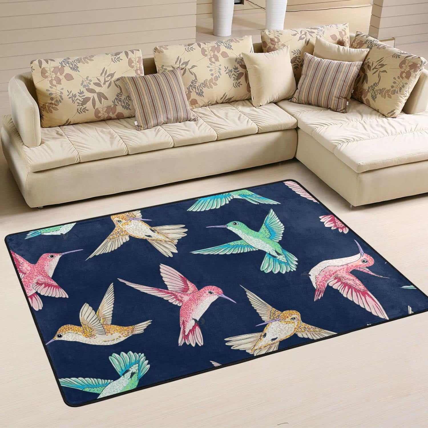 SKYSONIC 36x24in Colorful Hummingbird Spring Area Rug, Black Non-Slip ...