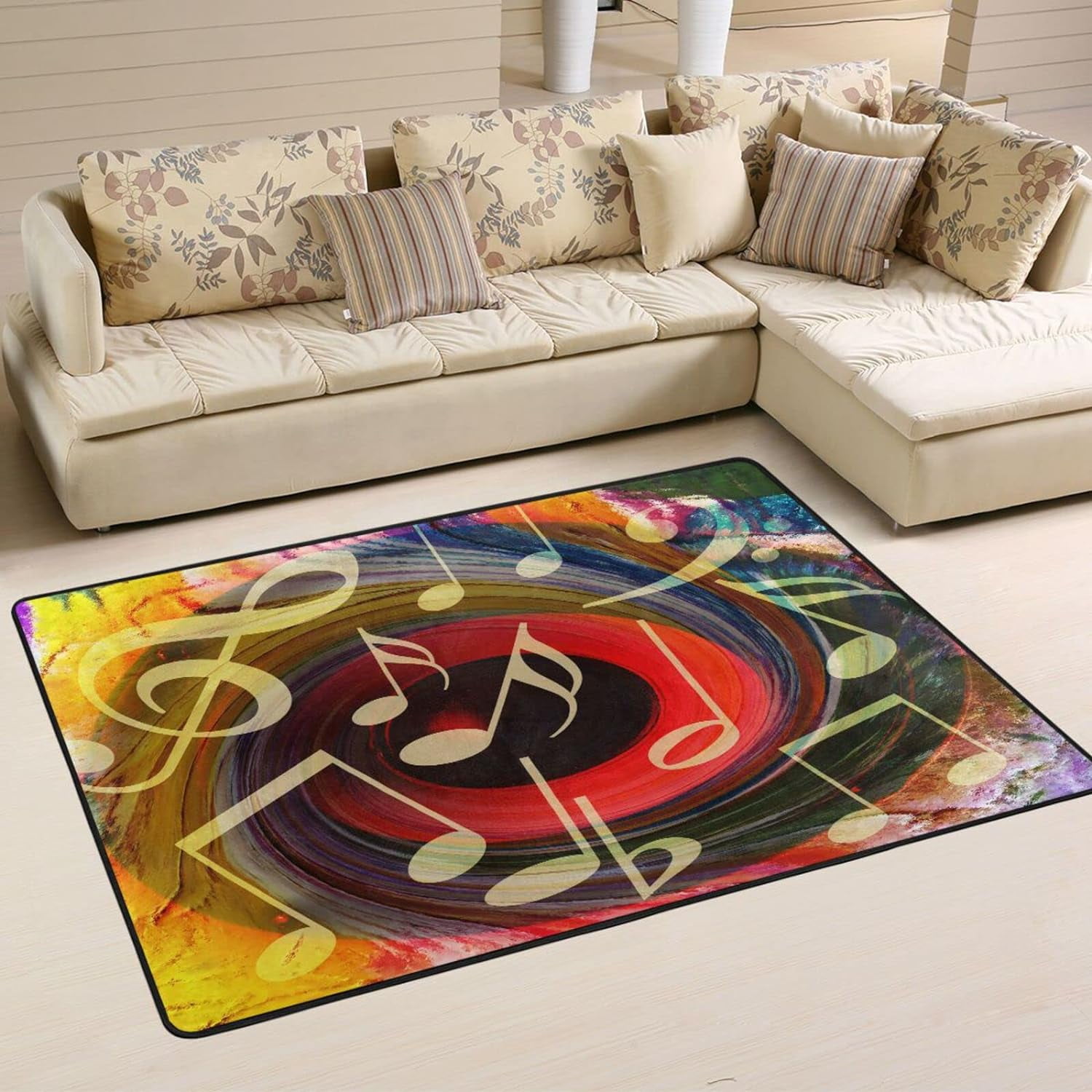 SKYSONIC 36x24in Colorful Music Notes Vortex Area Rug, Non-Slip Floor ...