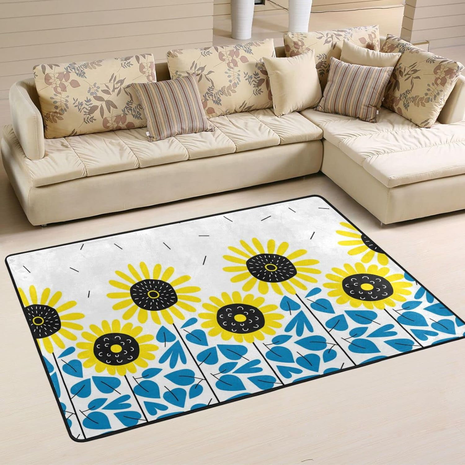 SKYSONIC 36x24in Cute Sunflowers Blue Area Rug, Cartoon Flower Theme ...