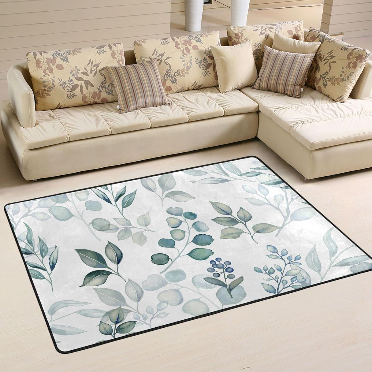 SKYSONIC 36x24in Eucalyptus Green Leaves Pattern Area Rug, Watercolor ...