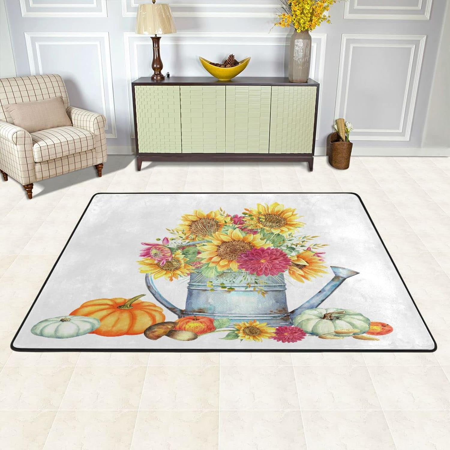 SKYSONIC 36x24in Fall Sunflowers Bouquet Area Rug, Autumn Pumpkins ...