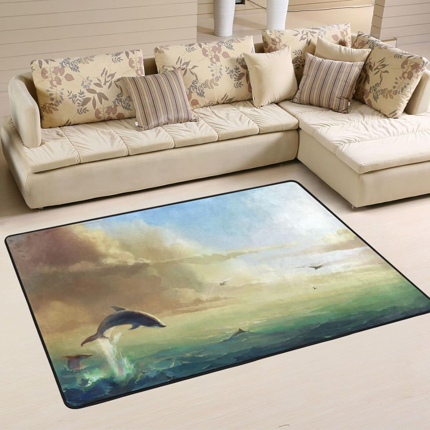 SKYSONIC 36x24in Funny Jumping Dolphin Area Rug, Watercolor Sun Sea Non ...