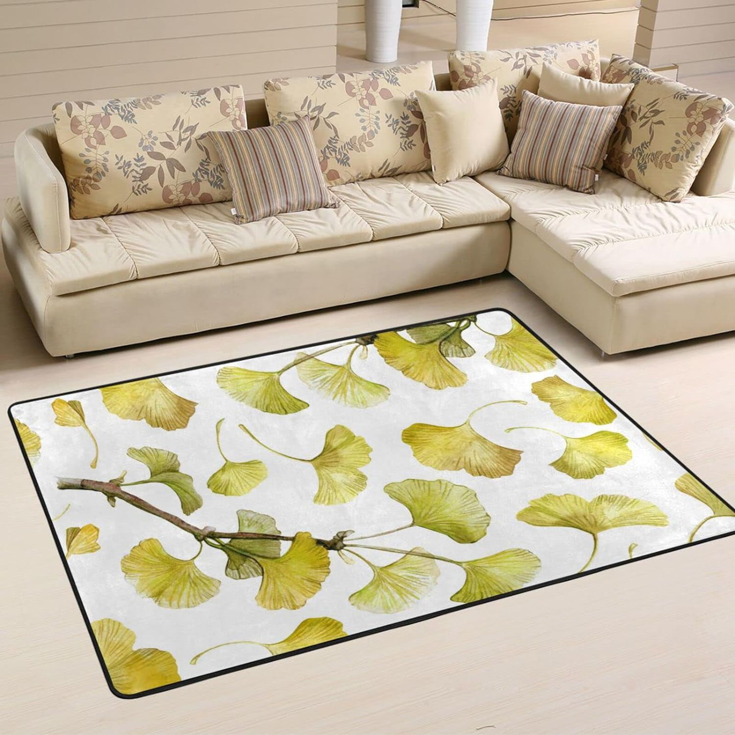 SKYSONIC 36x24in Golden Ginkgo Twigs Area Rug, Fall Leaf Watercolor Non ...