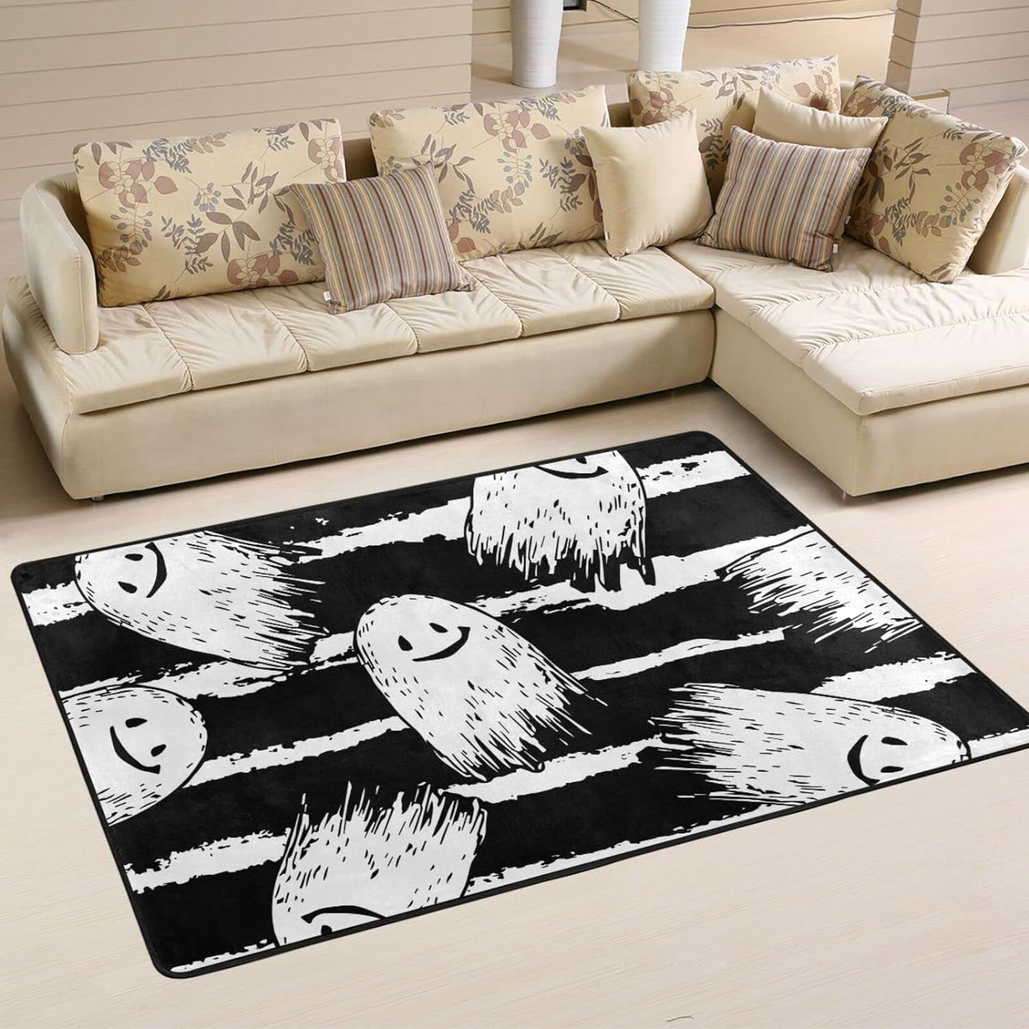 SKYSONIC 36x24in Halloween Cute Ghost Area Rug, Black White Non-Slip ...