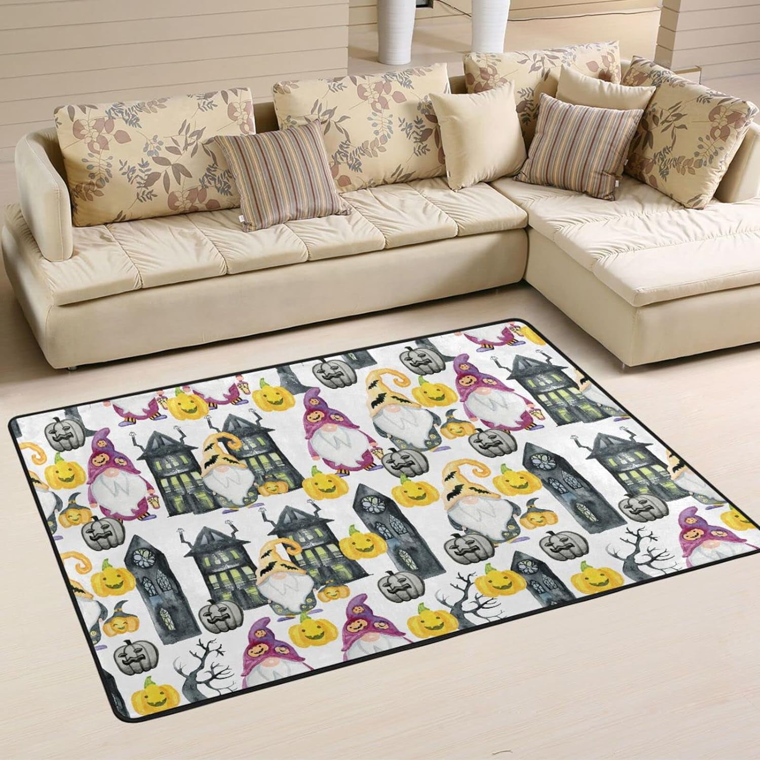 SKYSONIC 36x24in Halloween Gnomes Pumpkins Area Rug, Spooky House Non ...