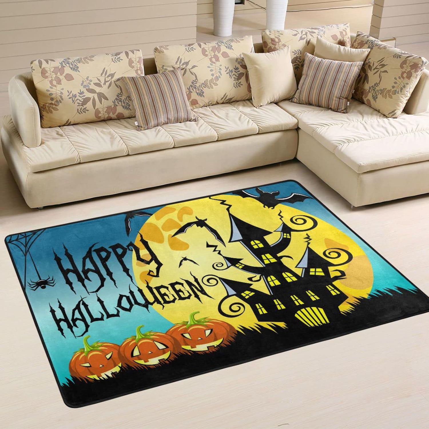 SKYSONIC 36x24in Halloween Night Castle Area Rug, Spooky Pumpkin Non ...