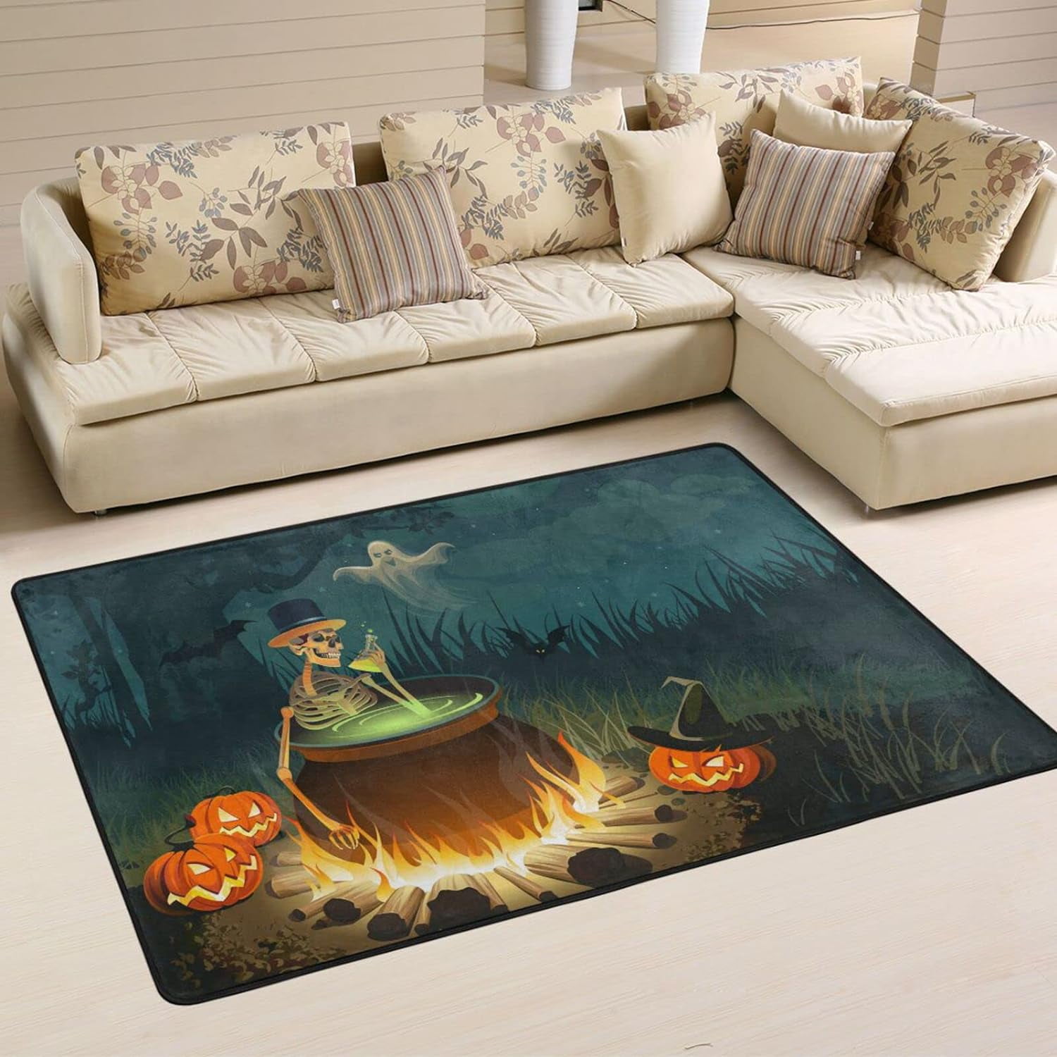 SKYSONIC 36x24in Halloween Skeleton Area Rug, Ghost Pumpkins Non-Slip ...