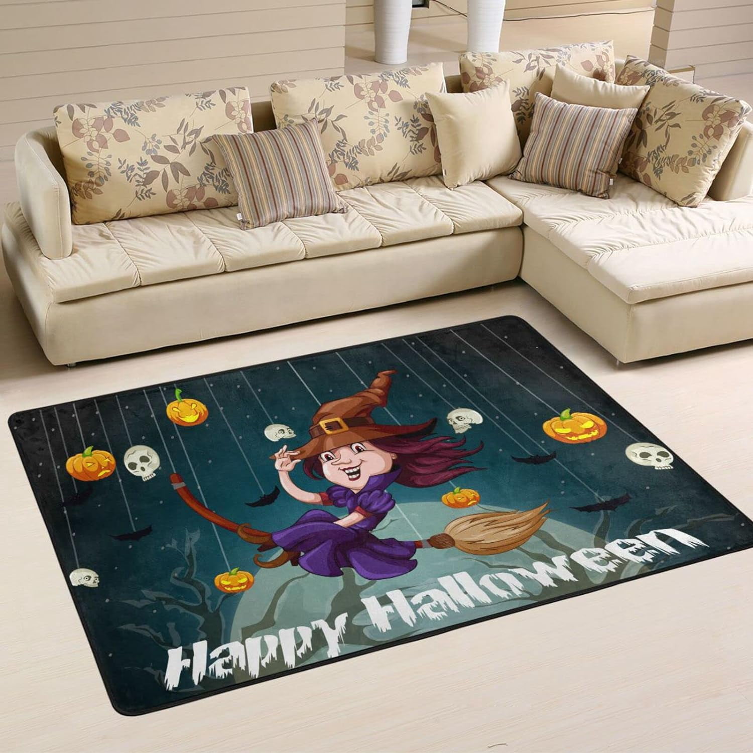 SKYSONIC 36x24in Halloween Witch Funny Area Rug, Pumpkin Skull Broom ...