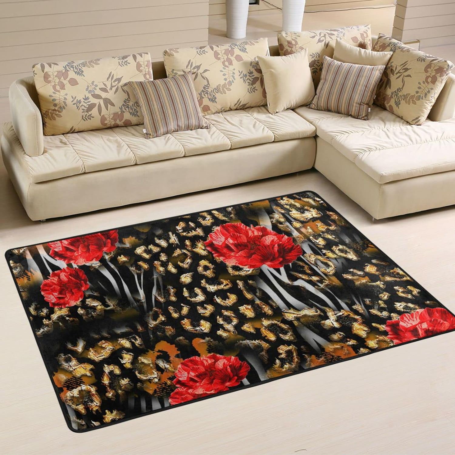 SKYSONIC 36x24in Leopard Red Flower Area Rug, Non-Slip Floor Carpet for ...