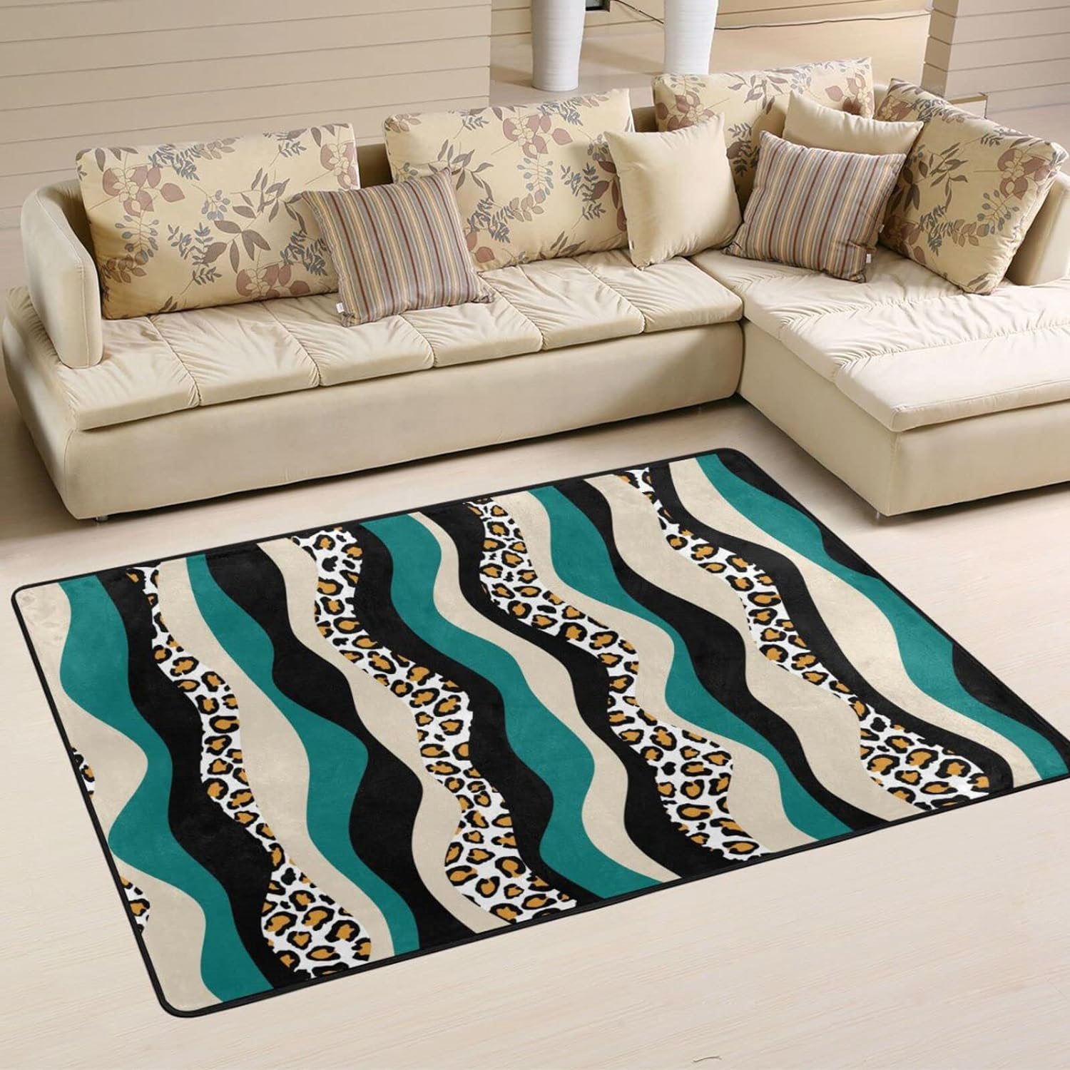 SKYSONIC 36x24in Leopard Skin Wavy Area Rug, Blue Non-Slip Floor Carpet ...