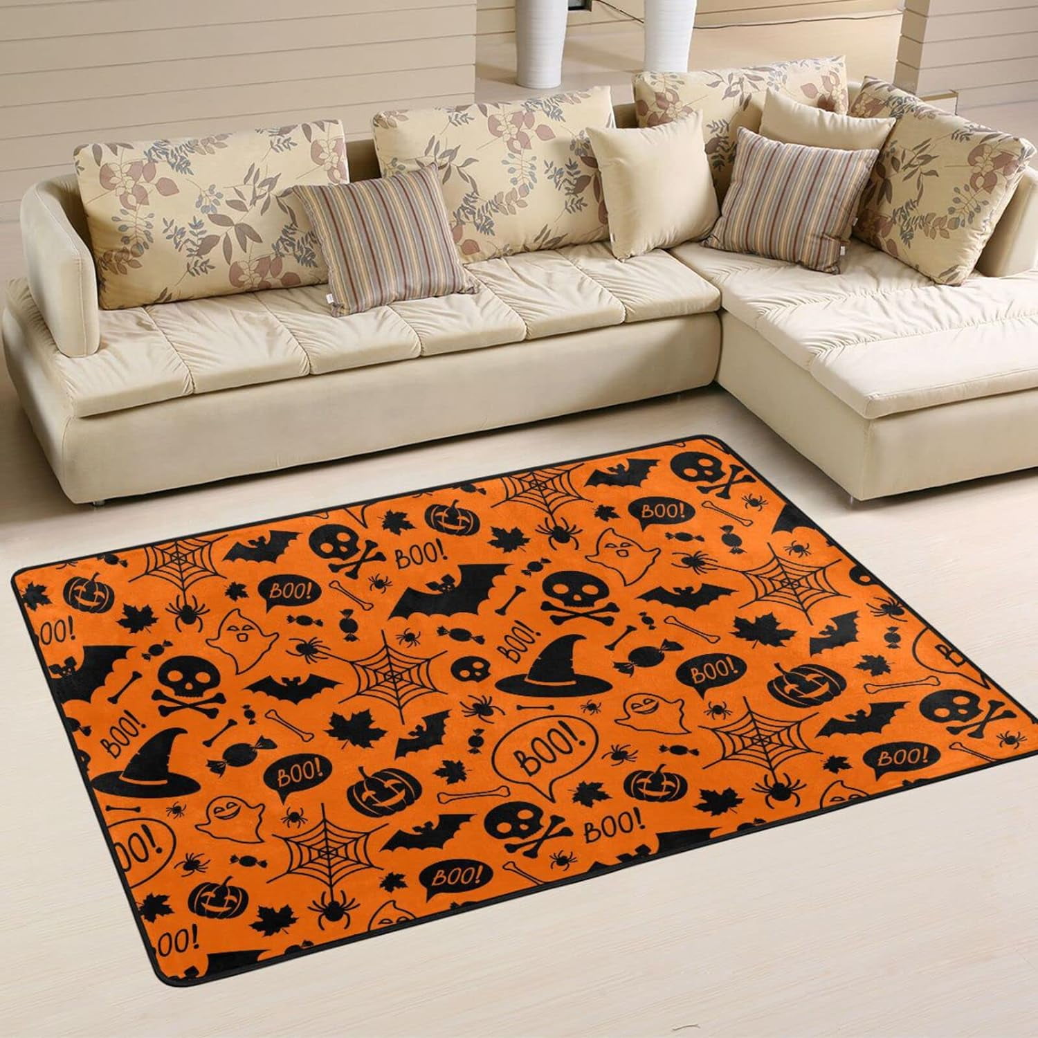 SKYSONIC 36x24in Orange Halloween Theme Area Rug, Bats Pumpkins Ghost ...