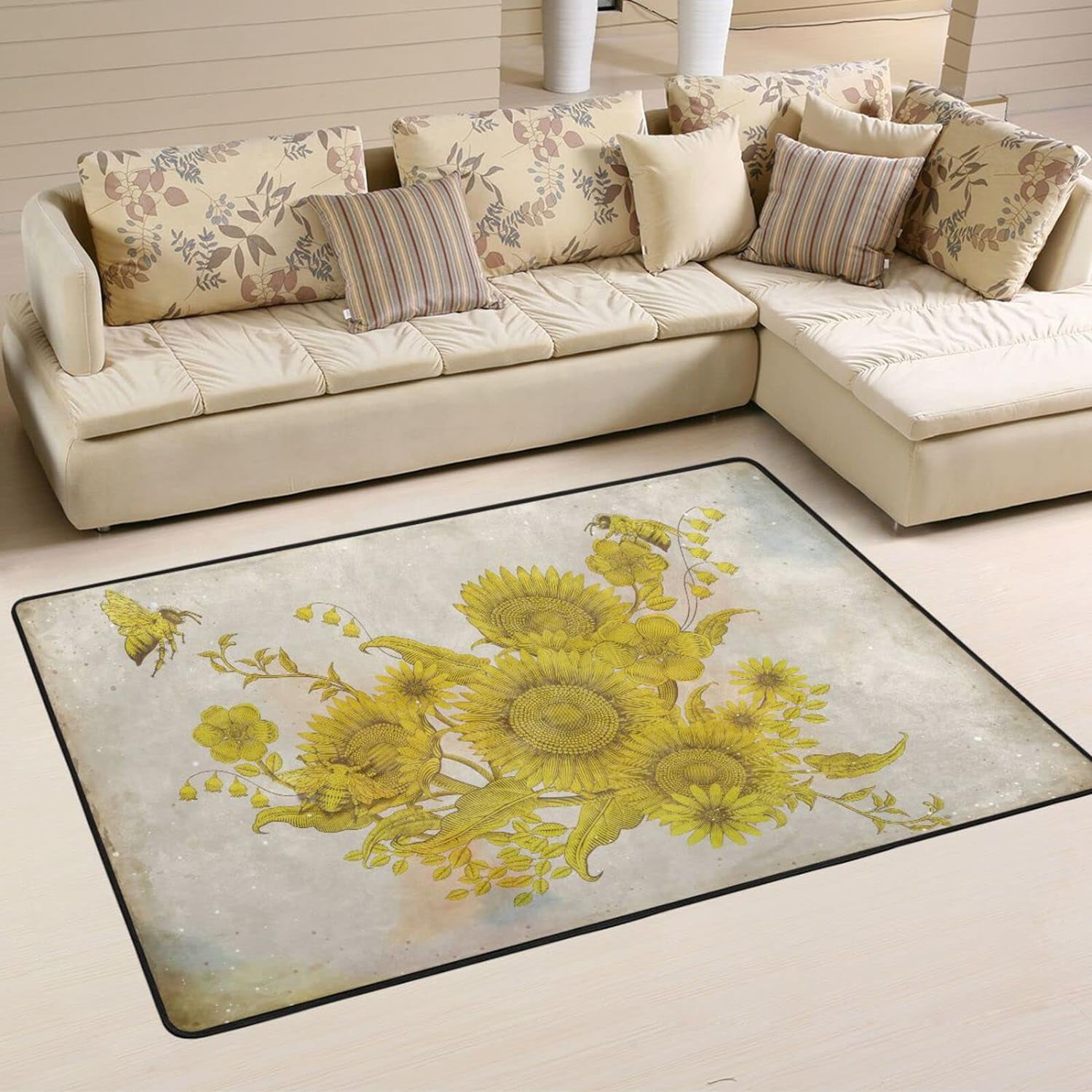 SKYSONIC 36x24in Retro Sunflowers Bees Area Rug, Yellow Floral Blooming ...