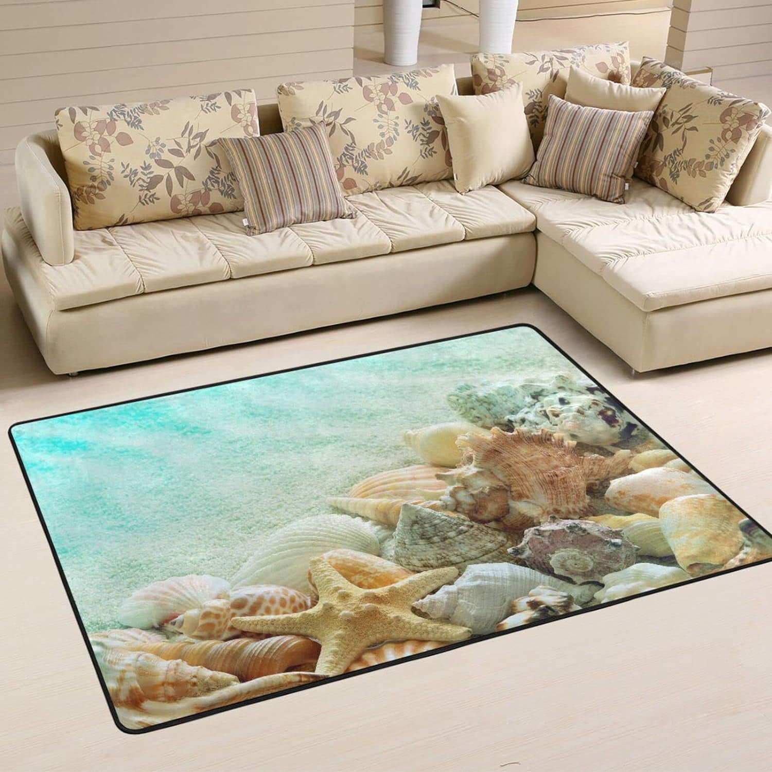 SKYSONIC 36x24in Seashell Starfish Summer Area Rug, Sandy Beach Non ...