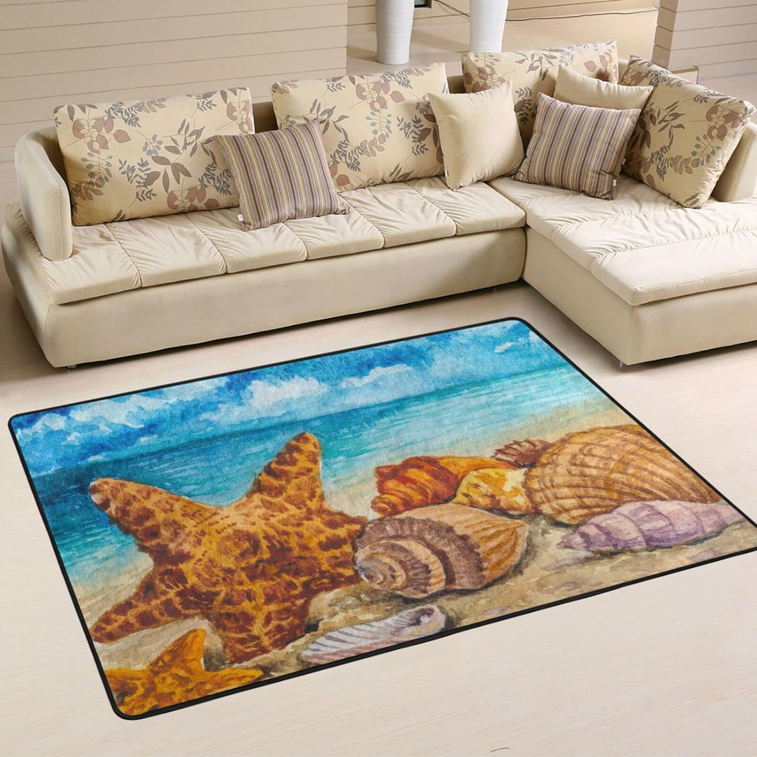 SKYSONIC 36x24in Seashells Starfish Beach Area Rug, Blue Ocean Summer ...