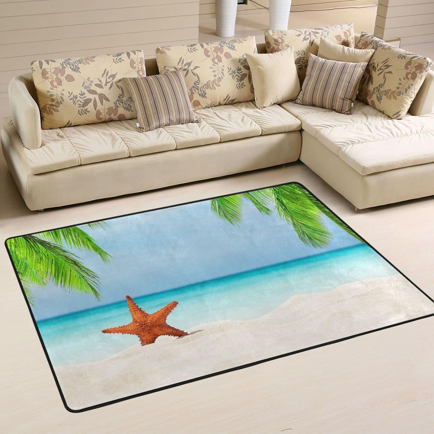 SKYSONIC 36x24in Starfish White Sandy Beach Area Rug, Palm Tree Leaves ...