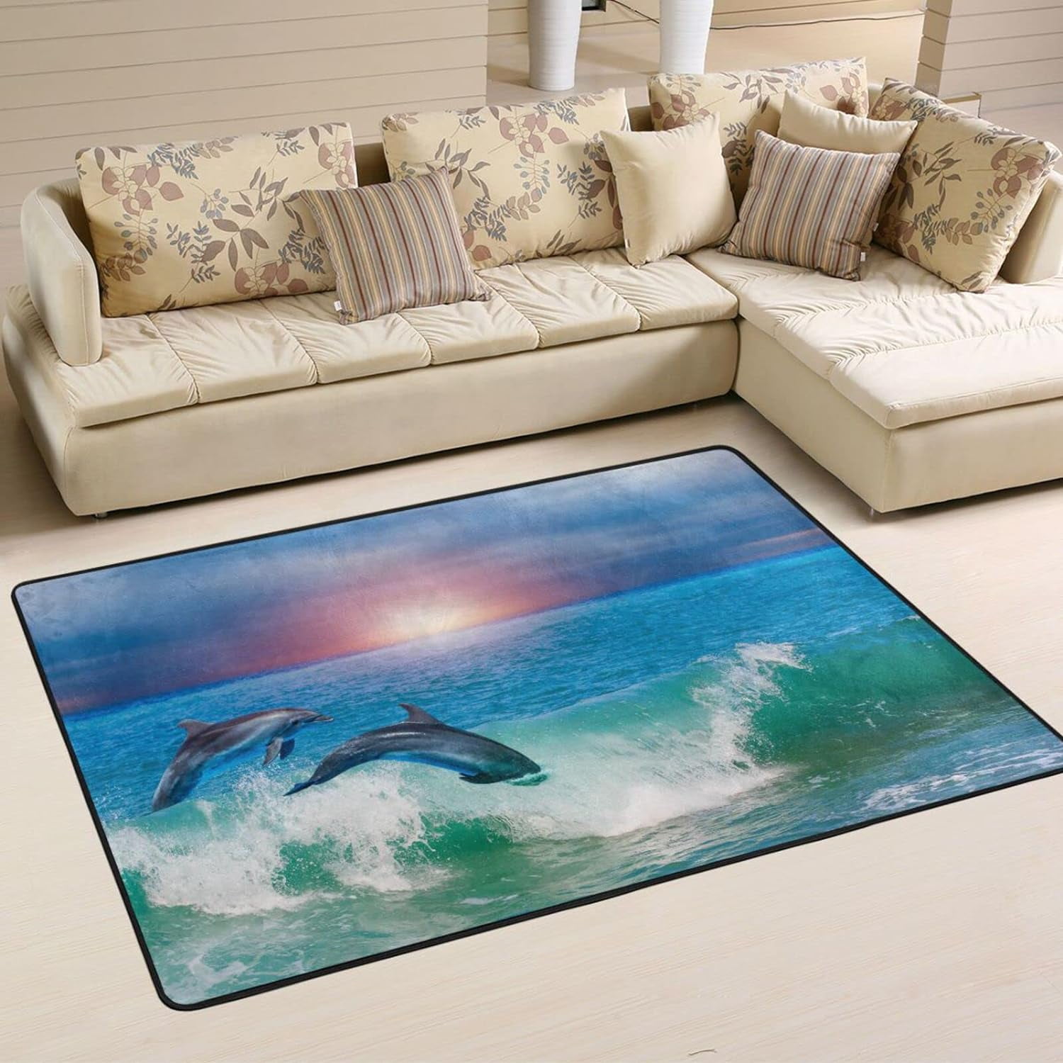 SKYSONIC 36x24in Summer Dolphins Couple Area Rug, Seascape Blue Sky Non ...