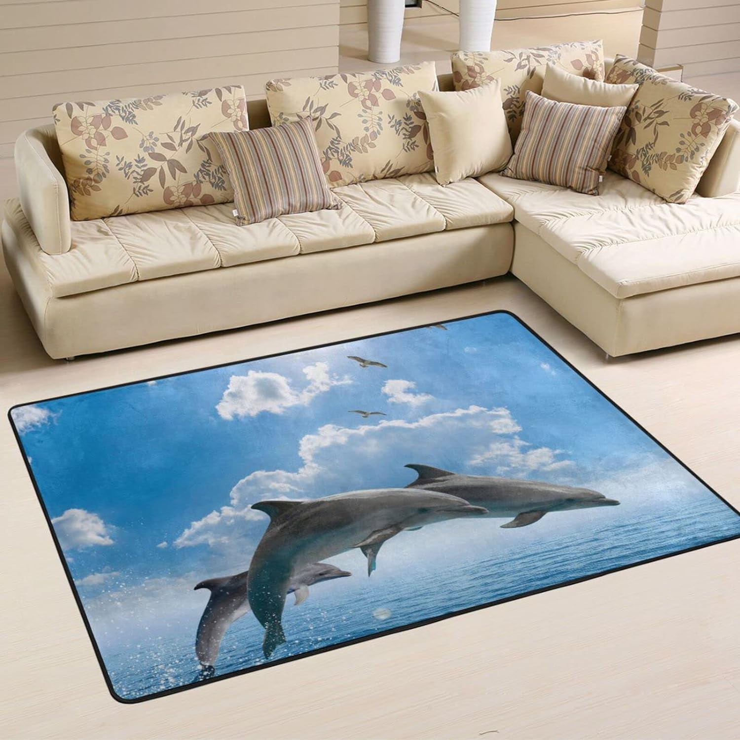 SKYSONIC 36x24in Summer Sea Dolphin Area Rug, Seagull Bule Sky Non-Slip ...